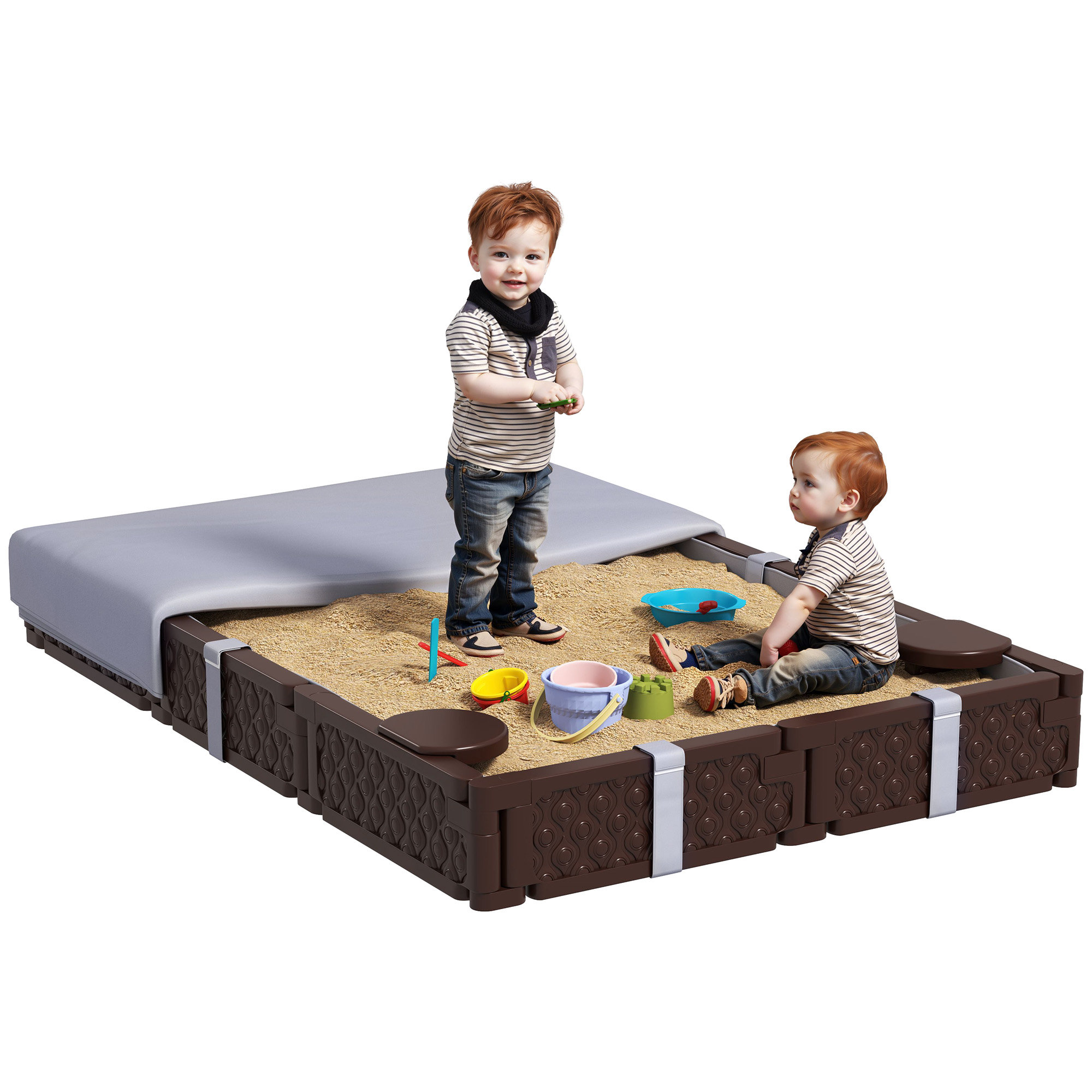 Qaba Sandbox for Kids, Outdoor Sand Pit with Cover, Built-in Seating ...