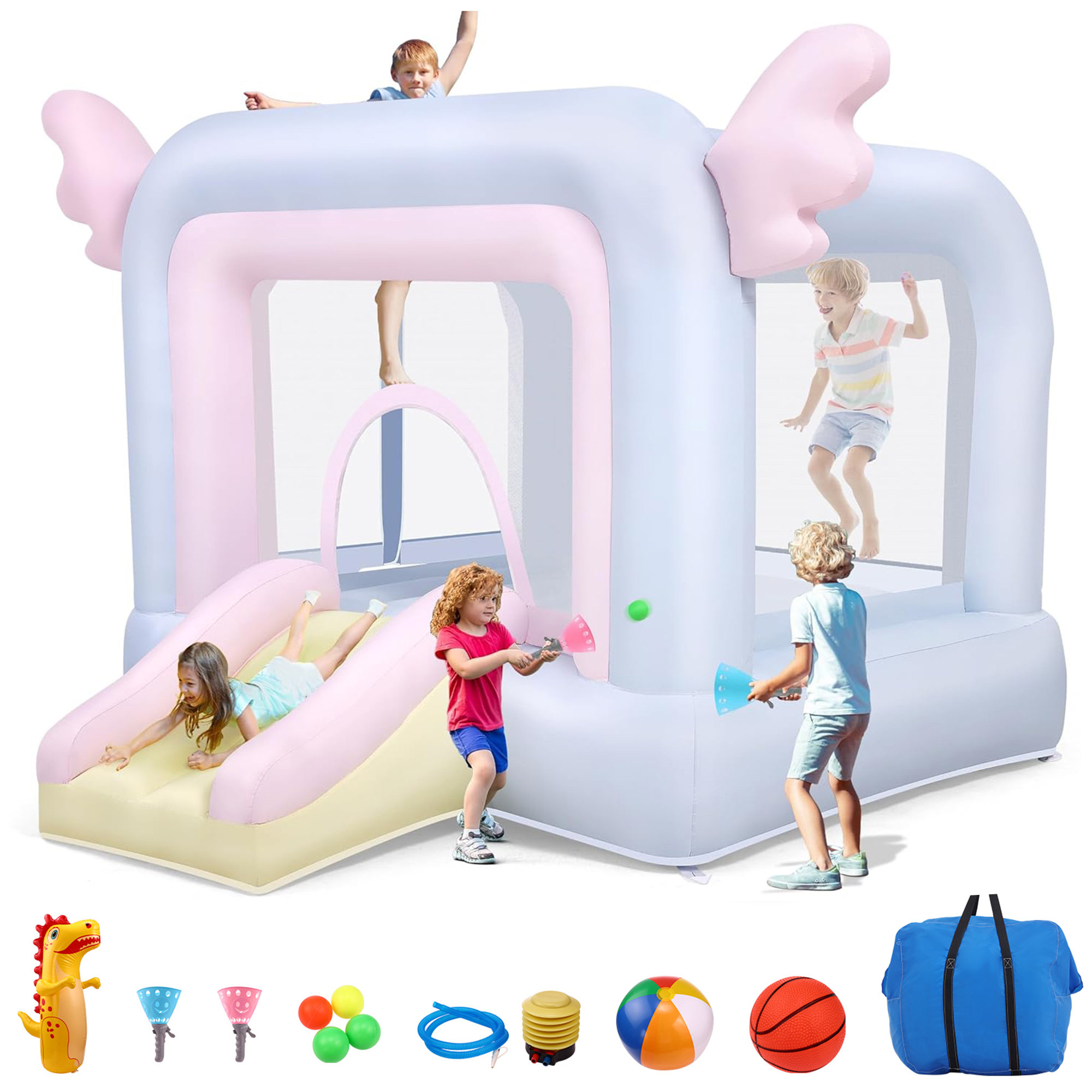 DreamDwell Home 8.9 Ft L X 7 Ft W Cute Cotton Candy Bounce House With Wings, Pastel Bouncer With ...