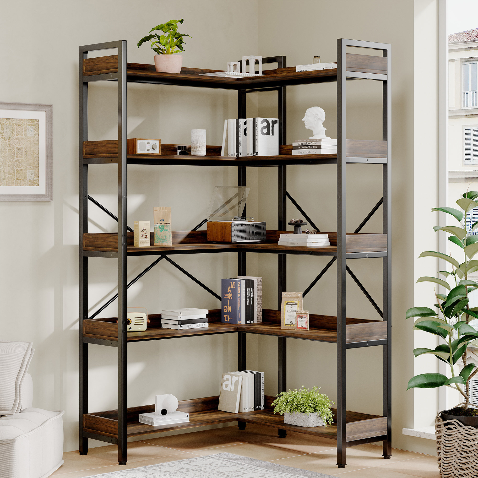 Latitude Run® Industrial Corner Display Bookshelf With Geometric Frame ...