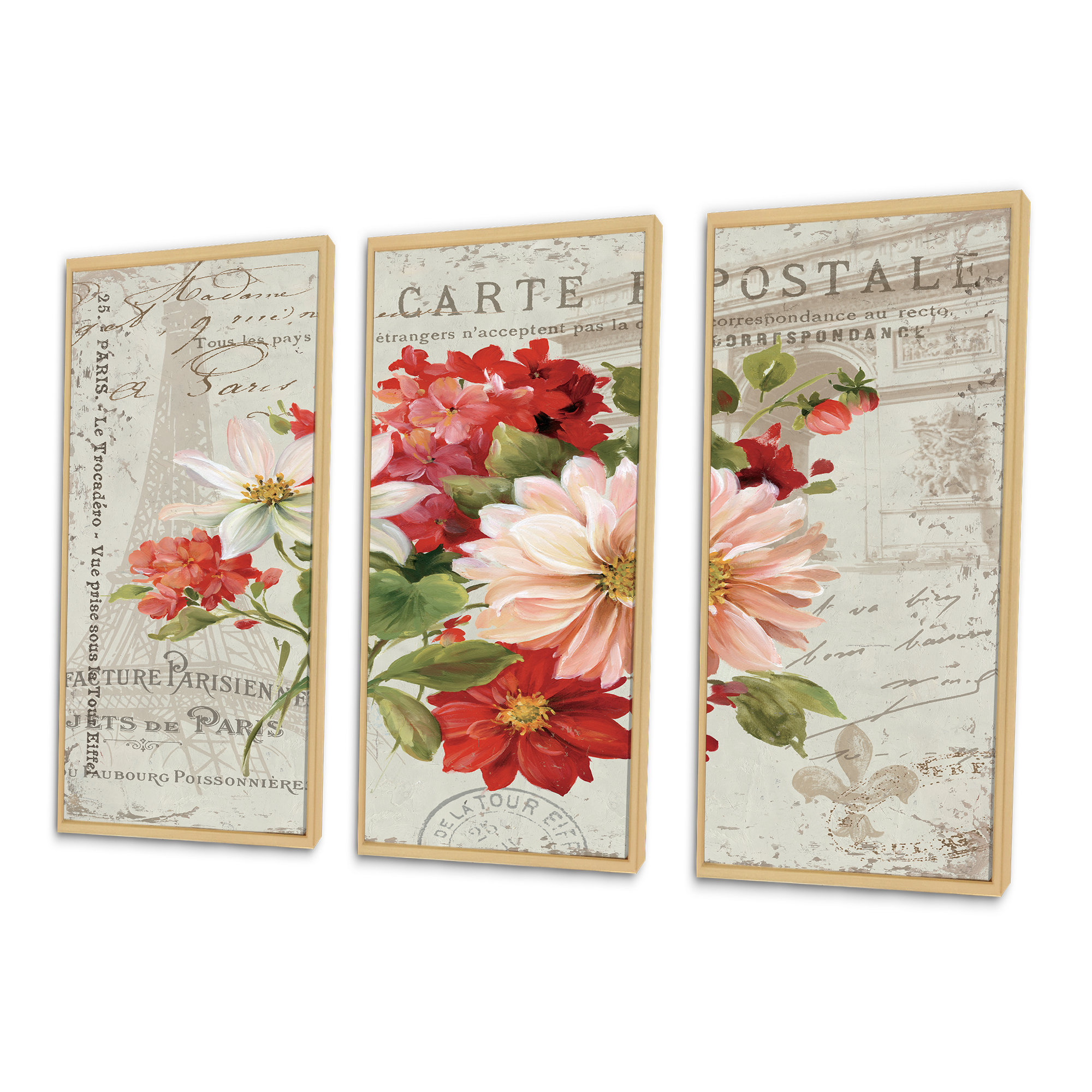 DesignArt " Painted Flowers On Vintage Postcard II " 3 - Pieces | Wayfair