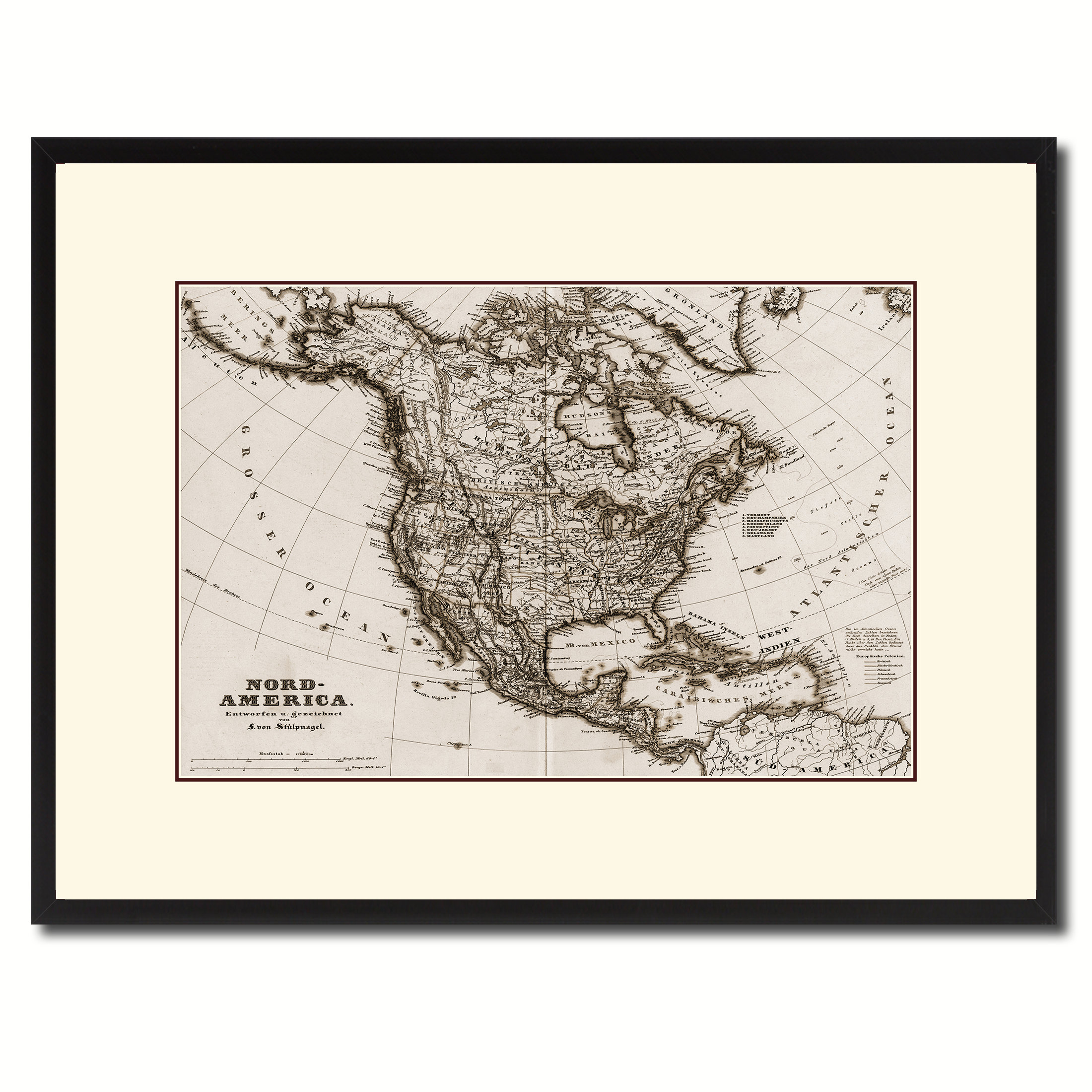 17 Stories North America Stieler Old Sepia Map Print On Canvas With ...