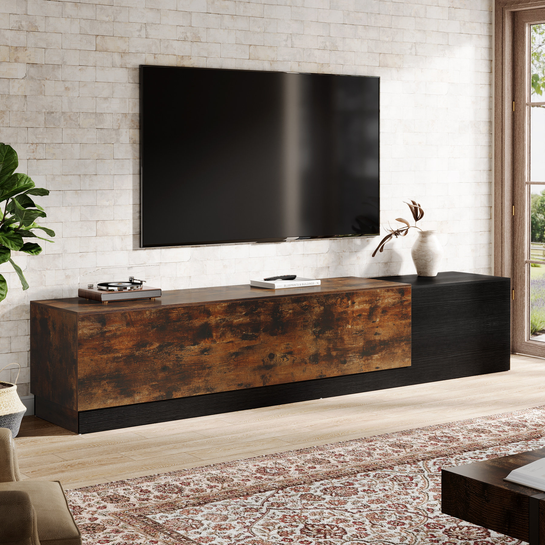 Ebern Designs 78.74'' Farmhouse TV Stand with 2 Cabinets, Extra Long ...