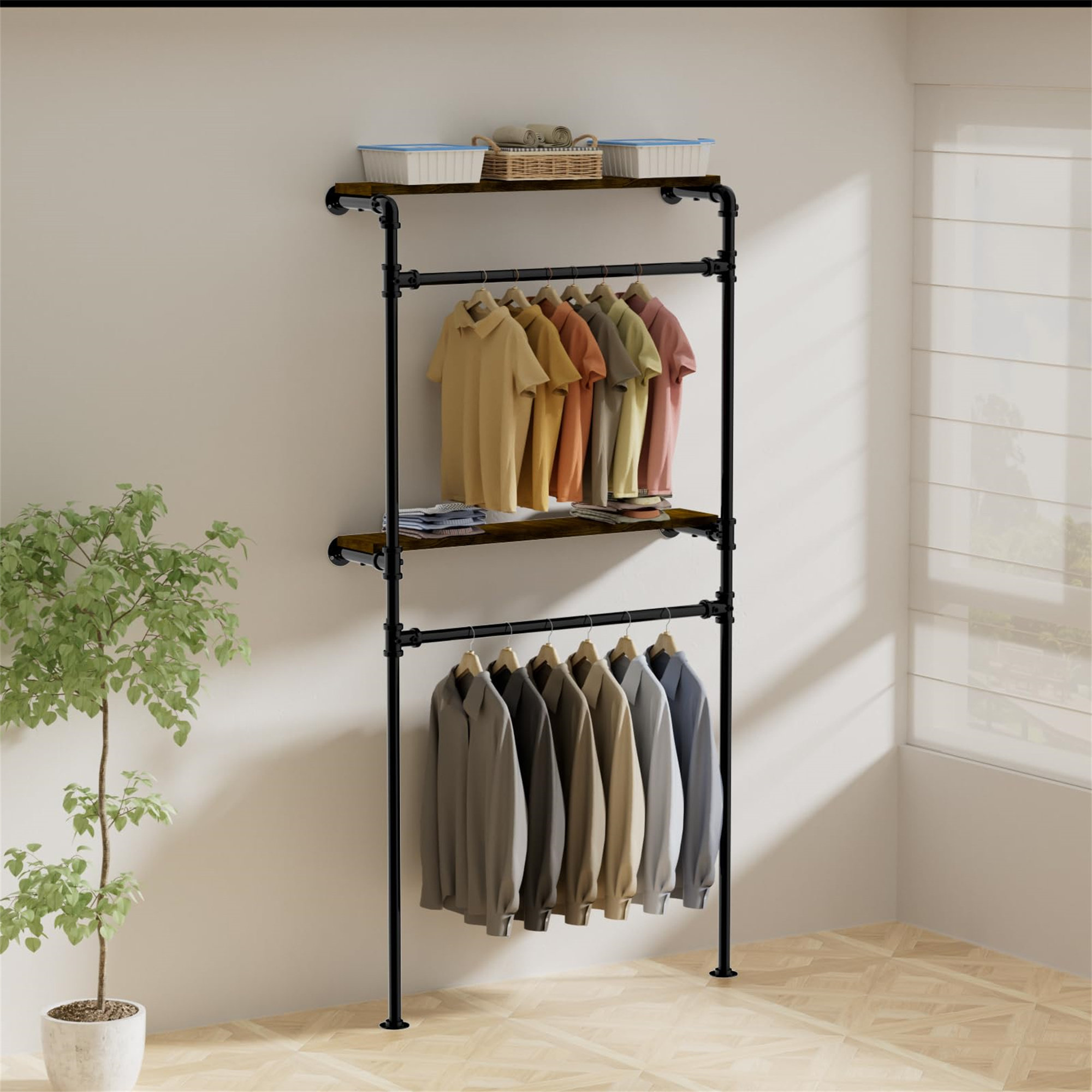 17 Stories Industrial Pipe Clothing Racks With 2 Tier Shelves, | Wayfair
