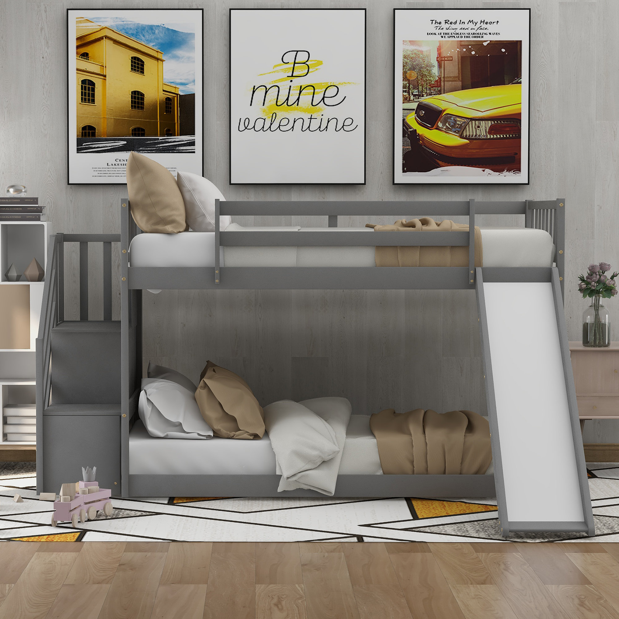 Harriet Bee Sereno Solid Wood Low Loft Bunk Bed with Storage Stairs and Slide - Wayfair Canada