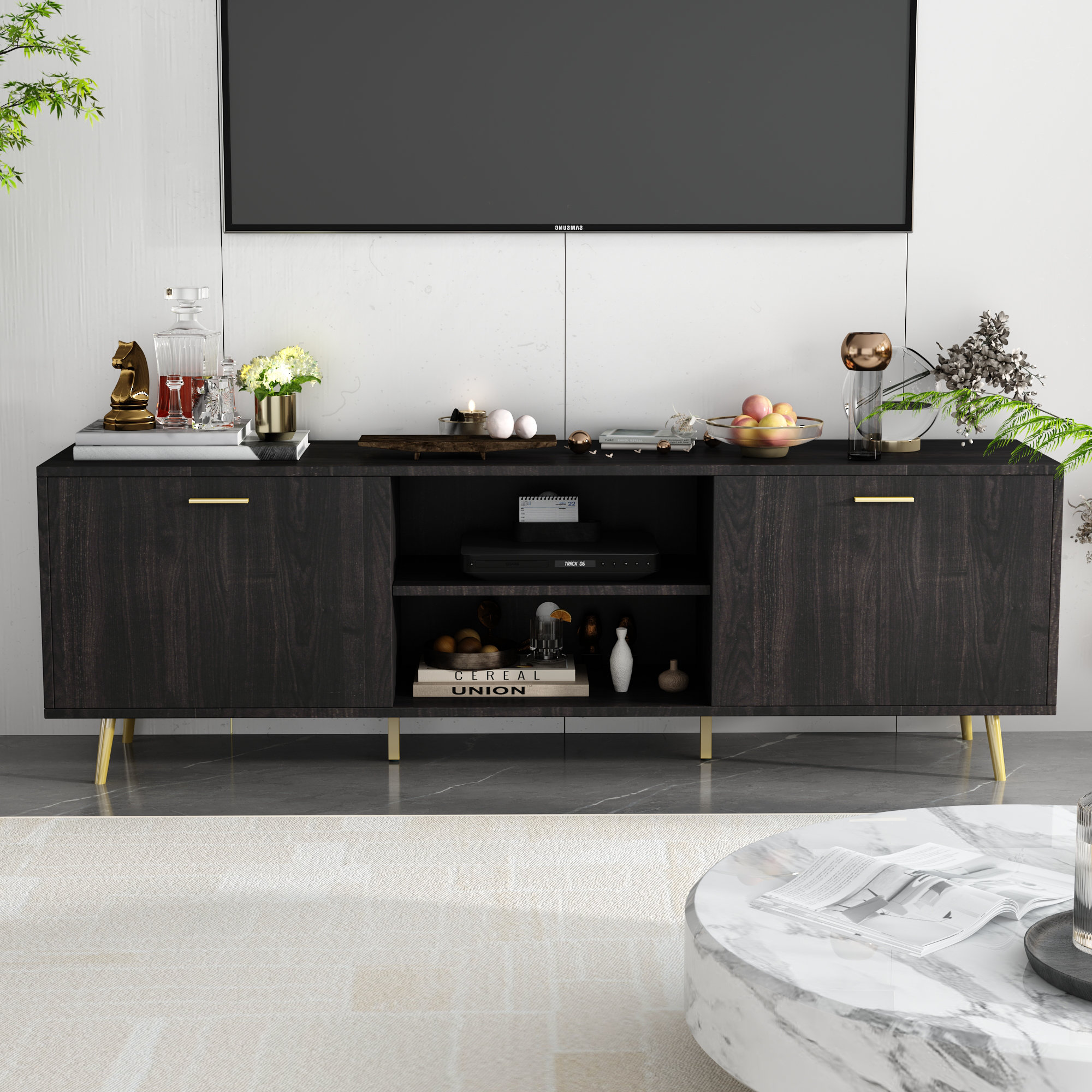 Mercer41 Modern TV Stand Cabinet With Gold Handles, 69-Inch ...