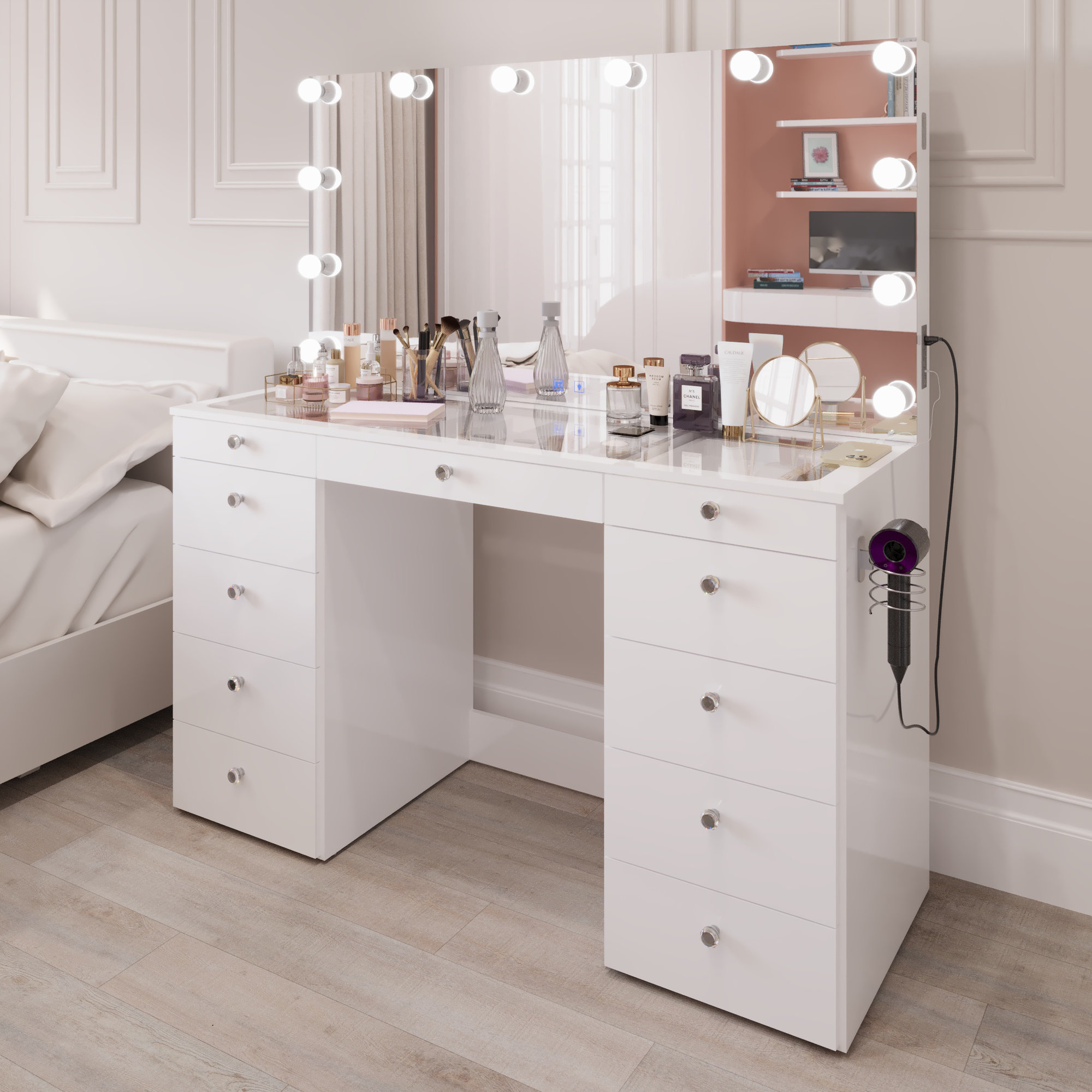 Boahaus LLC Boahaus Premium 56″ Wide Hollywood Led Vanity With Bluetooth, Usb‑c/a Charging & 11 ...