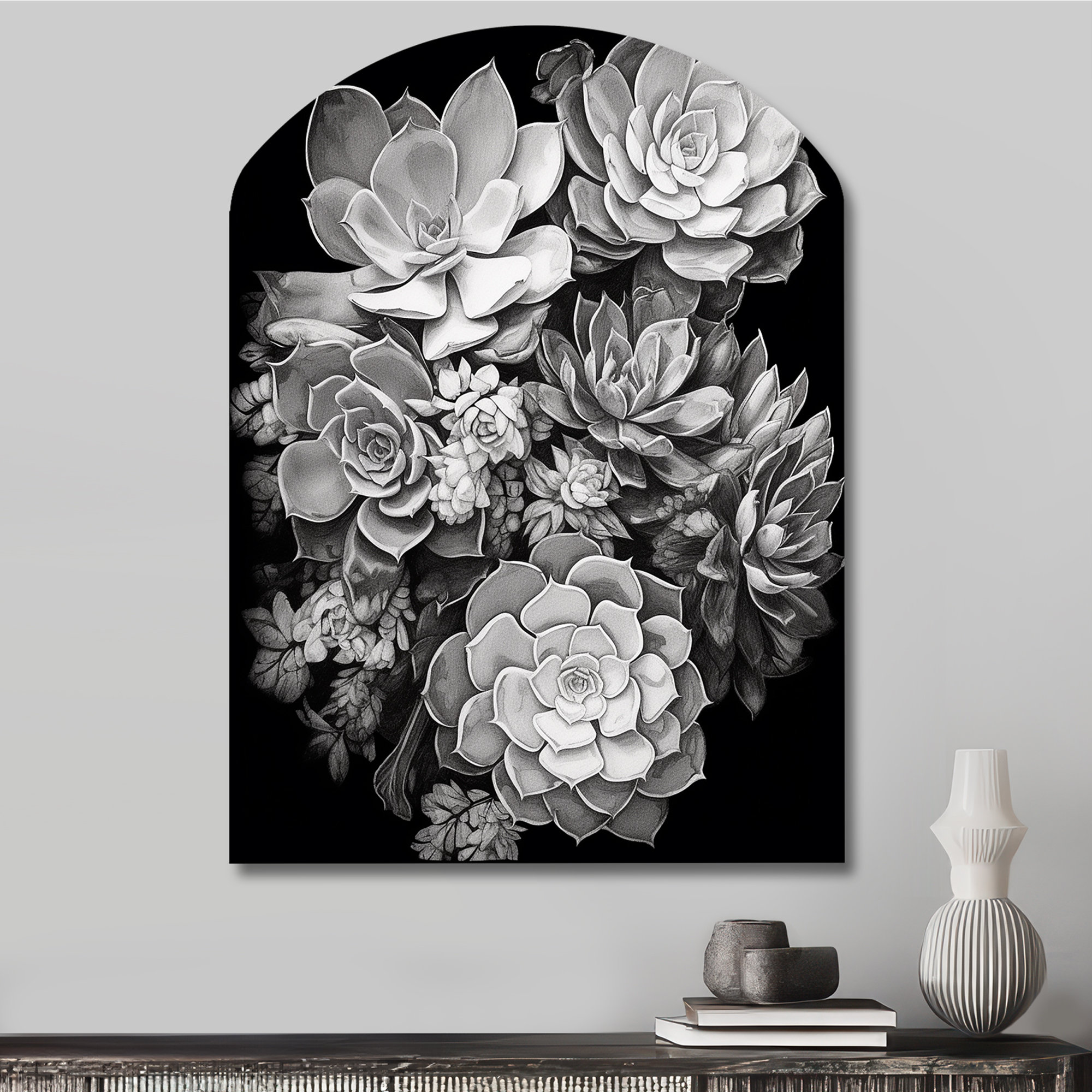 Design Art Grey Black Succulent Resilience - Arch Floral Metal Wall ...