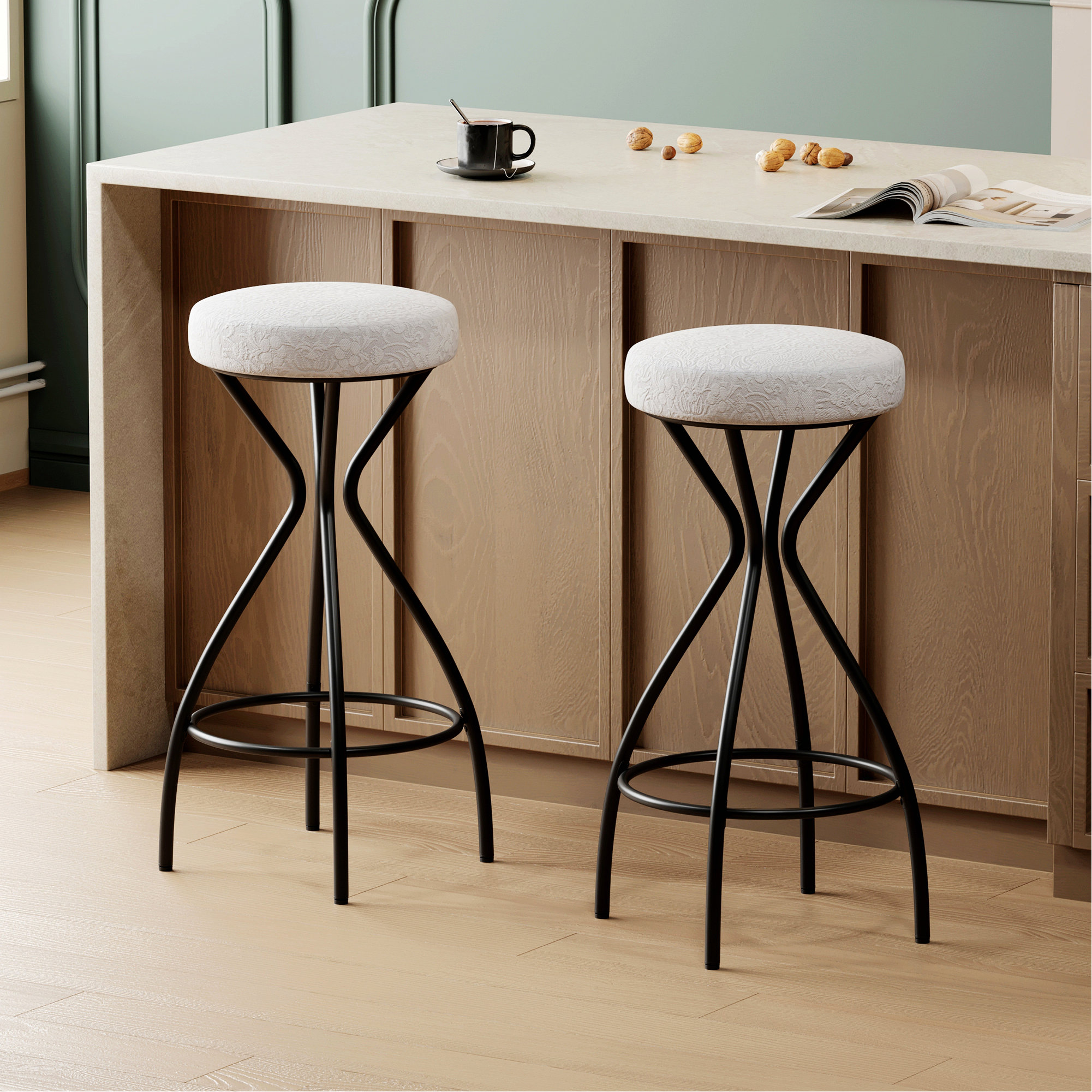 Ebern Designs Set Of 2 Backless Bar Stools, Round Upholstered Counter ...