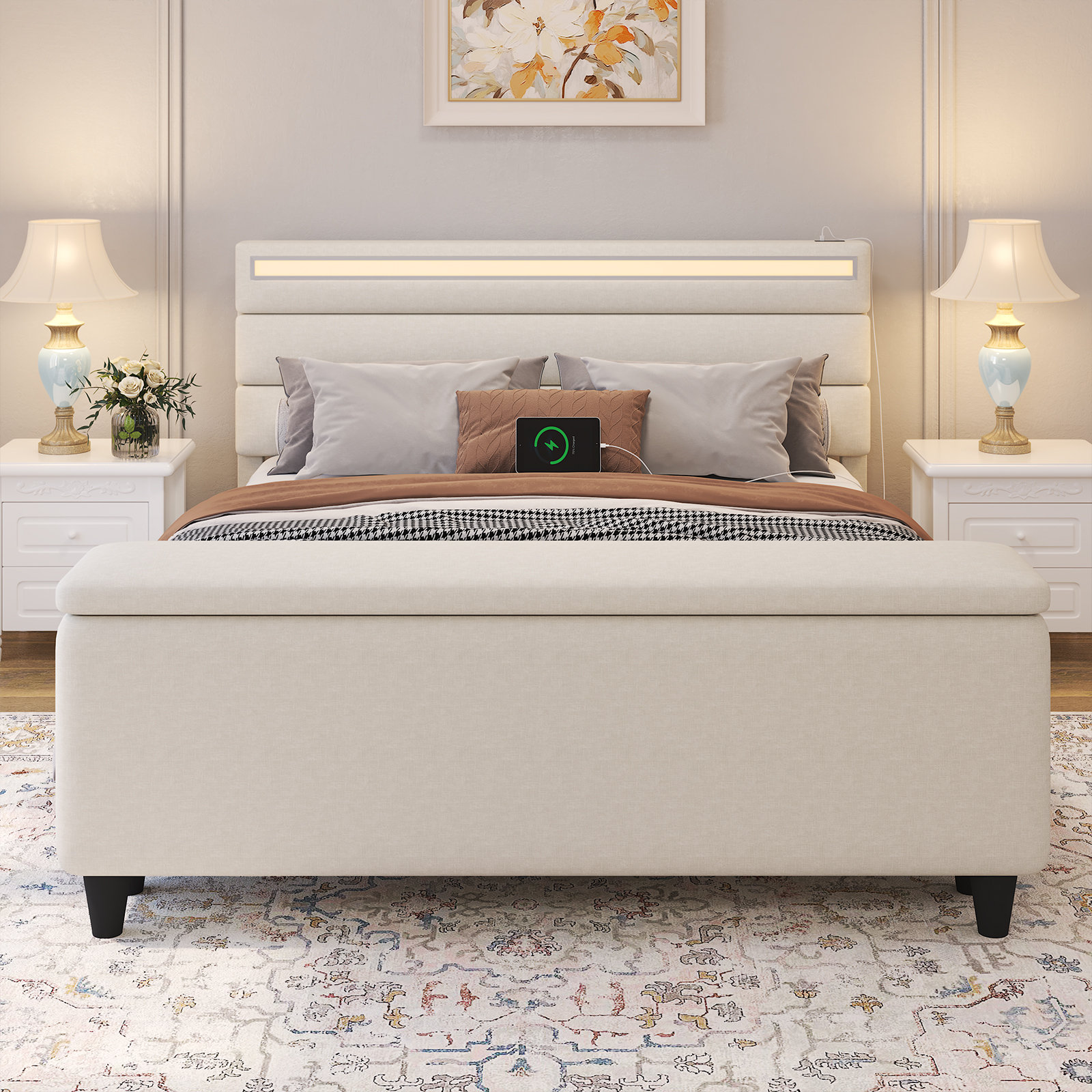 Wrought Studio™ Upholstered Panel Storage Bed with Ottoman, LED Light ...