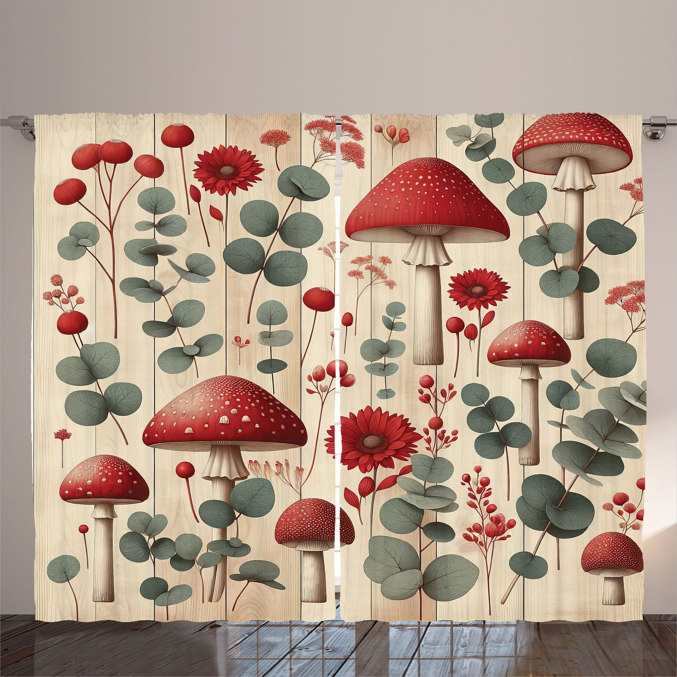 Ambesonne Curtains 2 Panel Set, Floral Woodland Mushrooms Champagne ...