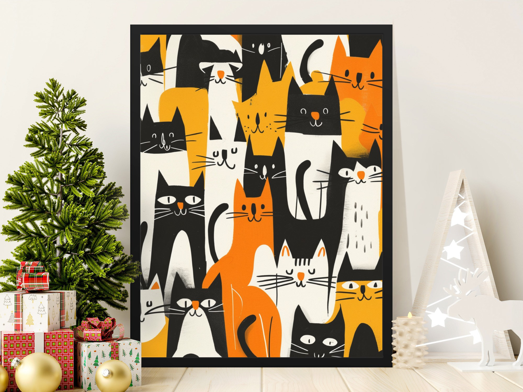 Happy Larry Cute Cats Wall Art, Modern Cat Print, Feline Art, Black and ...