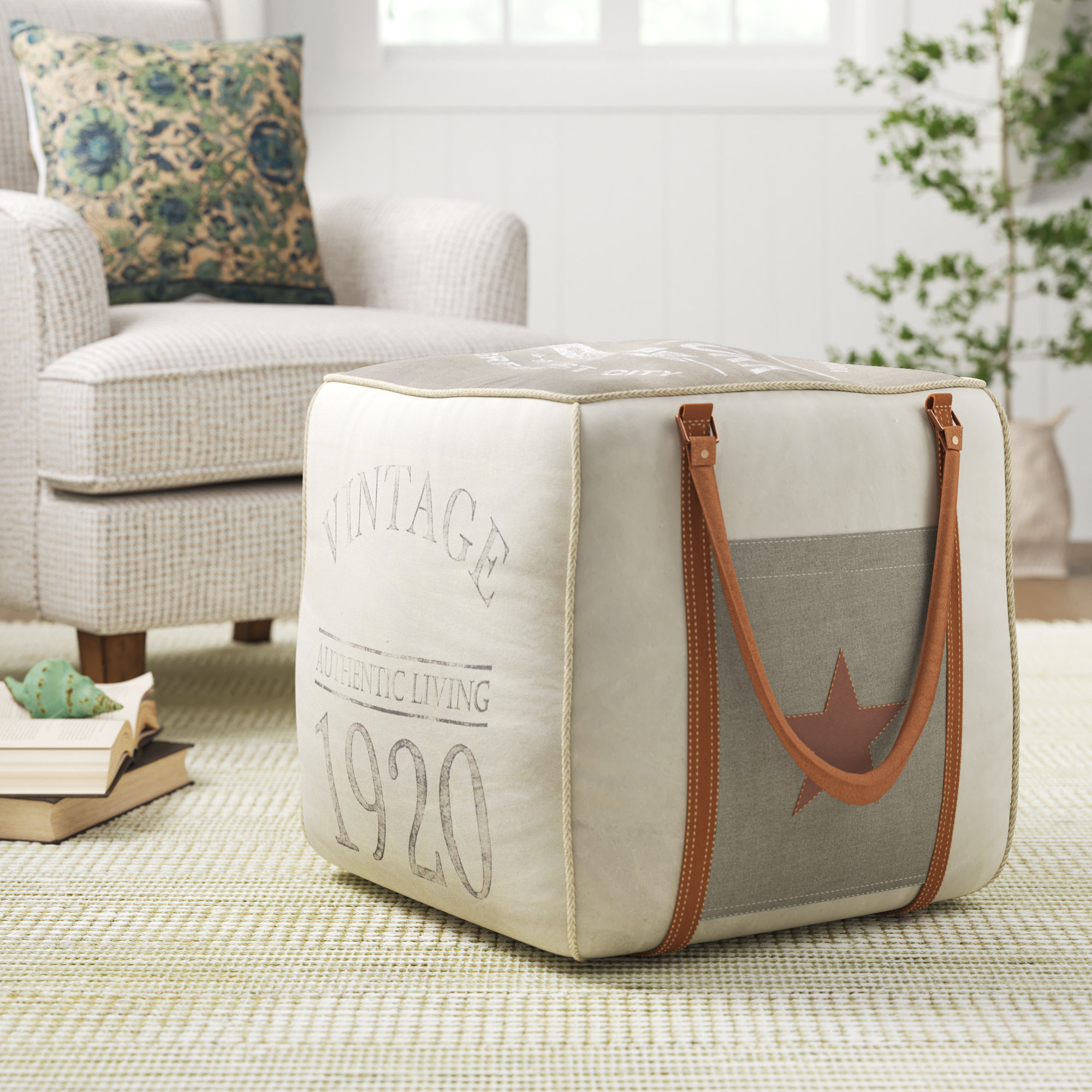 Sand & Stable™ Cream Canvas Pouf with Leather Handles 21" x 21" x 19 ...