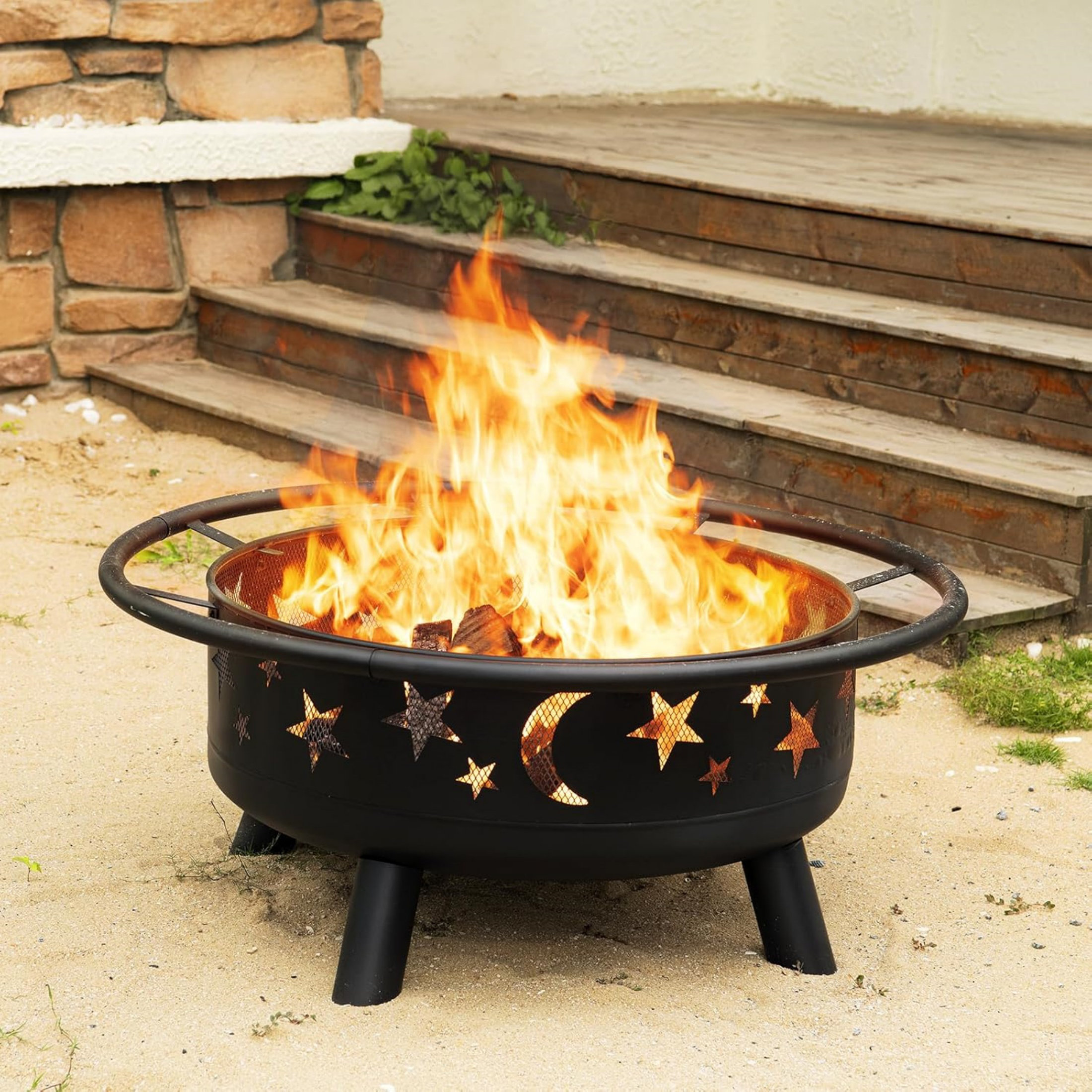 ASPIRING 32" Round Star & Moon Fire Pit With Mesh Cover – Decorative ...