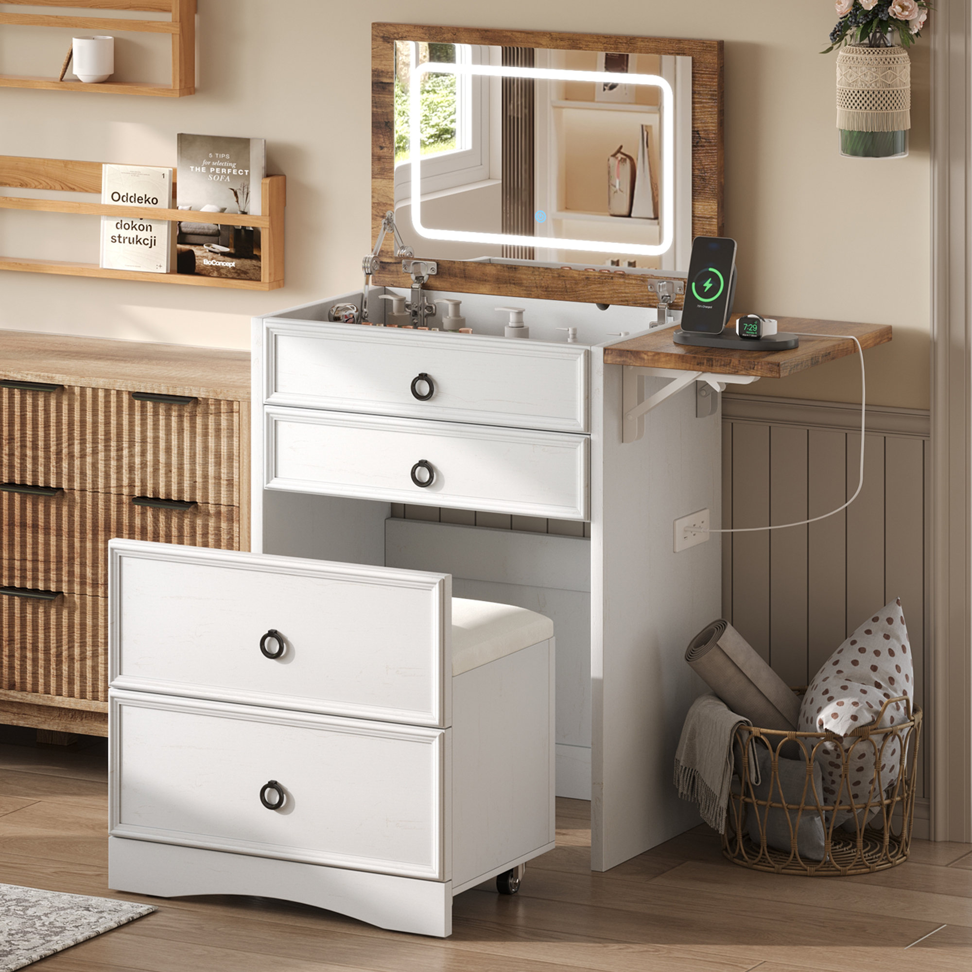 Breakwater Bay 3-in-1 Small Farmhouse Makeup Vanity, Sliding Stool ...