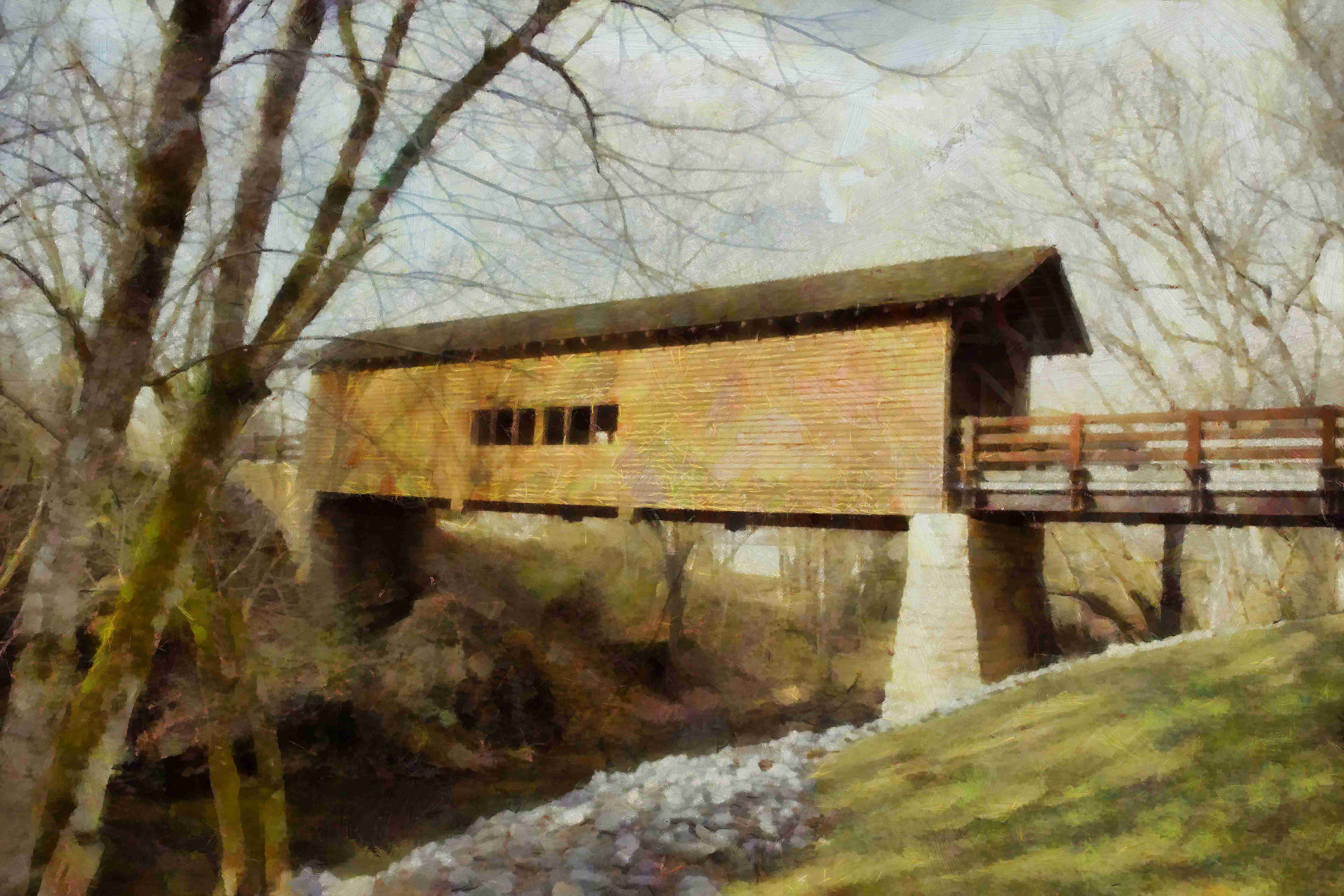 August Grove® Painted Bridge over Creek - Wrapped Canvas Painting | Wayfair