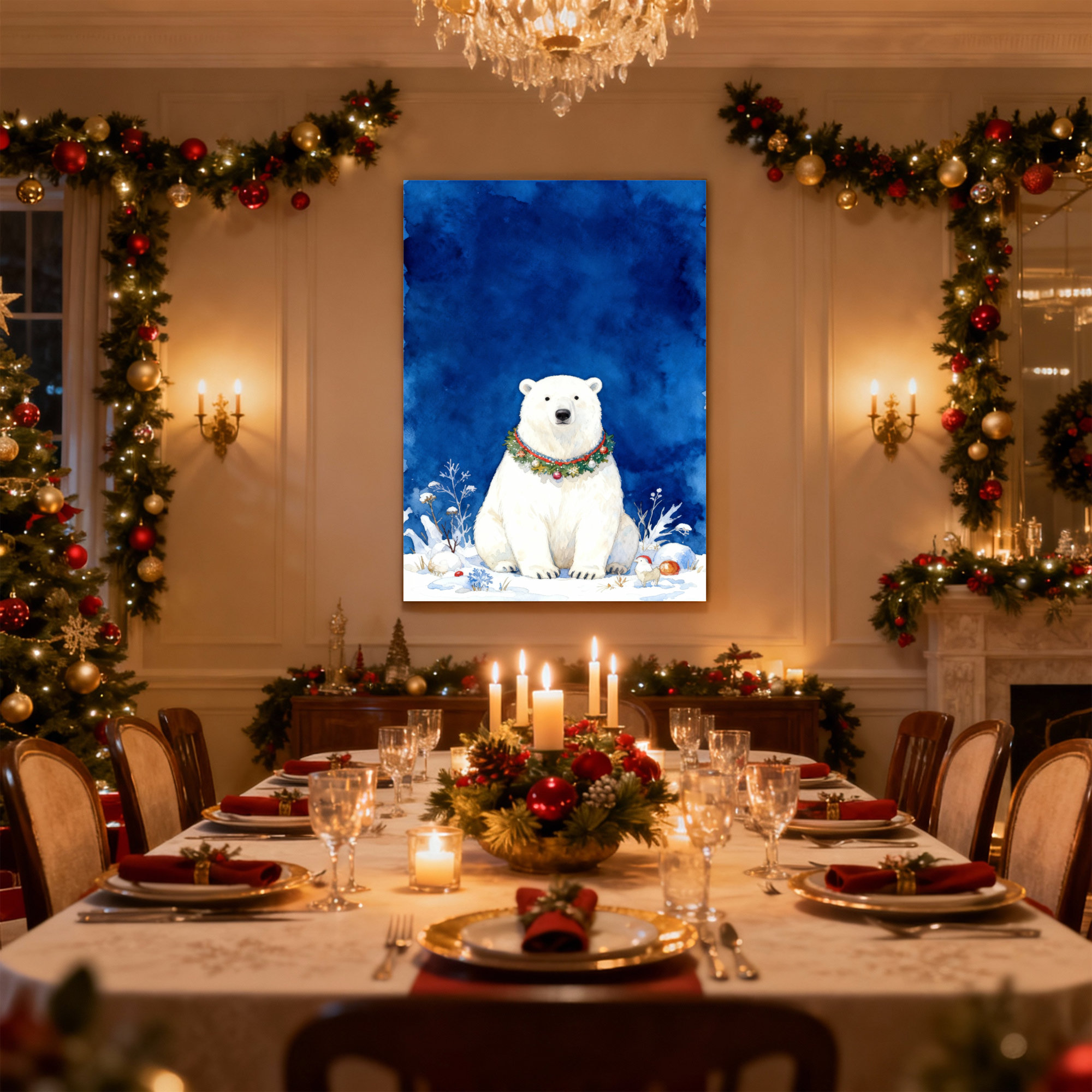 Winston Porter Christmas Polar Bear With Christmas Garland On Blue ...