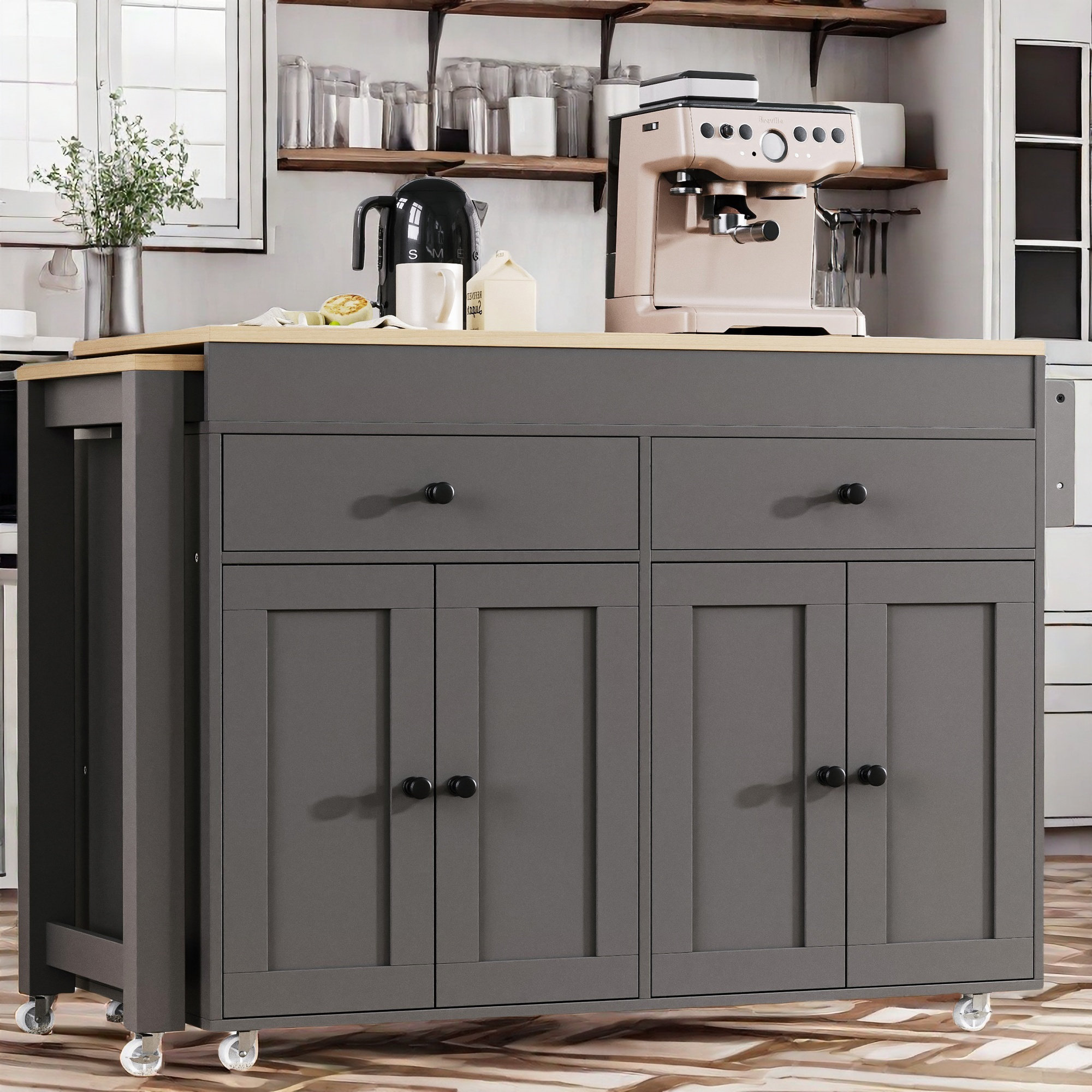 Lark Manor™ Kitchen Island With Extendable Dining Table, Wheels, Spice ...