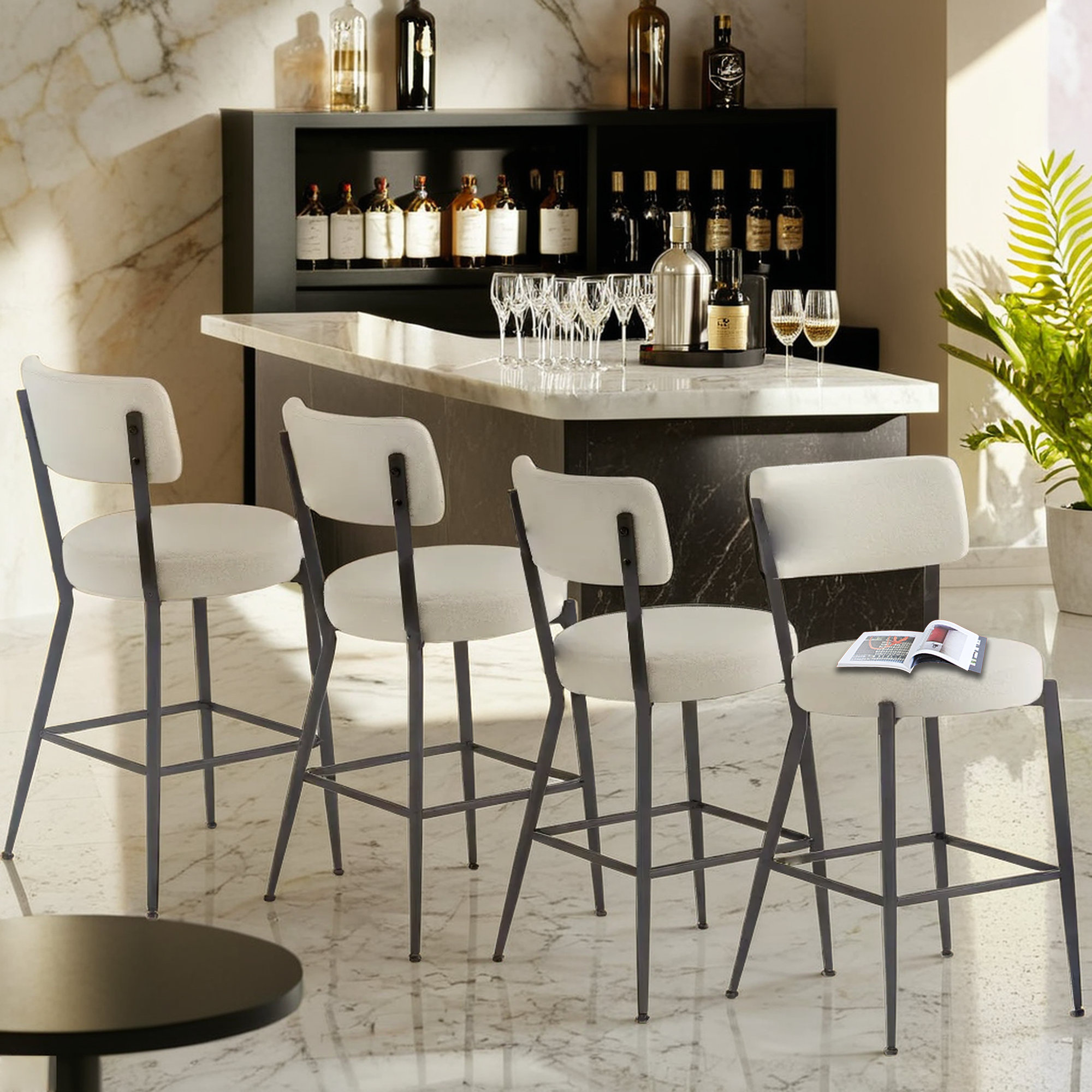 Everly Quinn Modern Teddy Fabric Upholstered Metal Base Bar Stools (Set ...