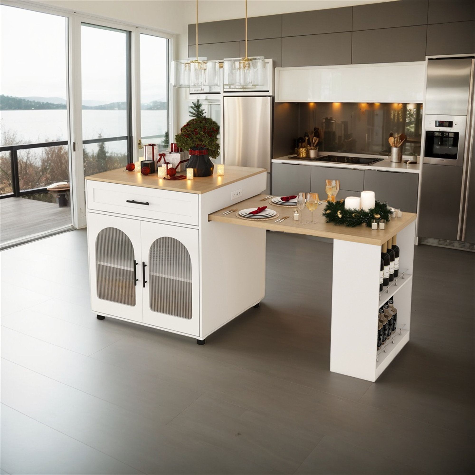 BESTCOSTY 80'' Kitchen Island, Extendable With Dining Table And Power ...