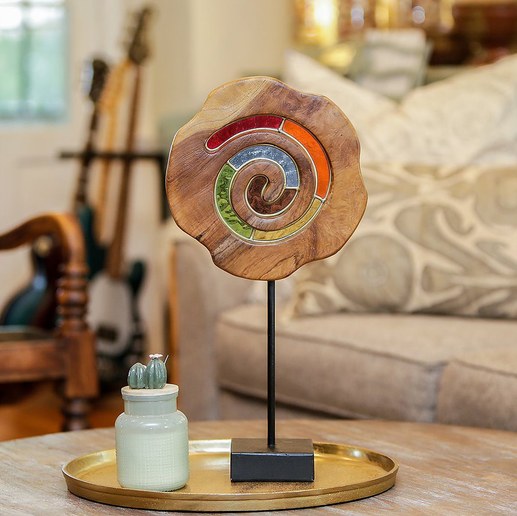 Arlmont & Co. Teak Slab Stained Glass Spiral on Stand 20"H | Wayfair