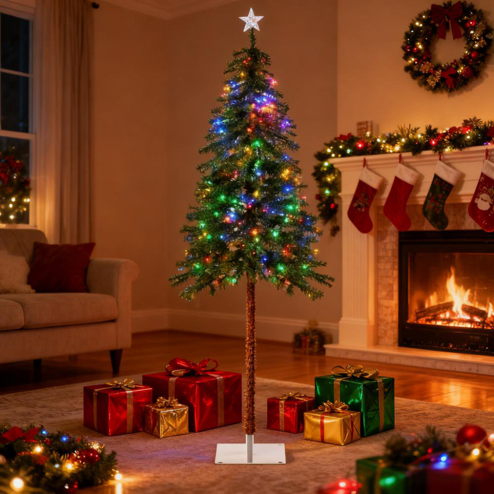 Ebern Designs Flocked Pencil Christmas Tree With Pre-Lit Lights For ...