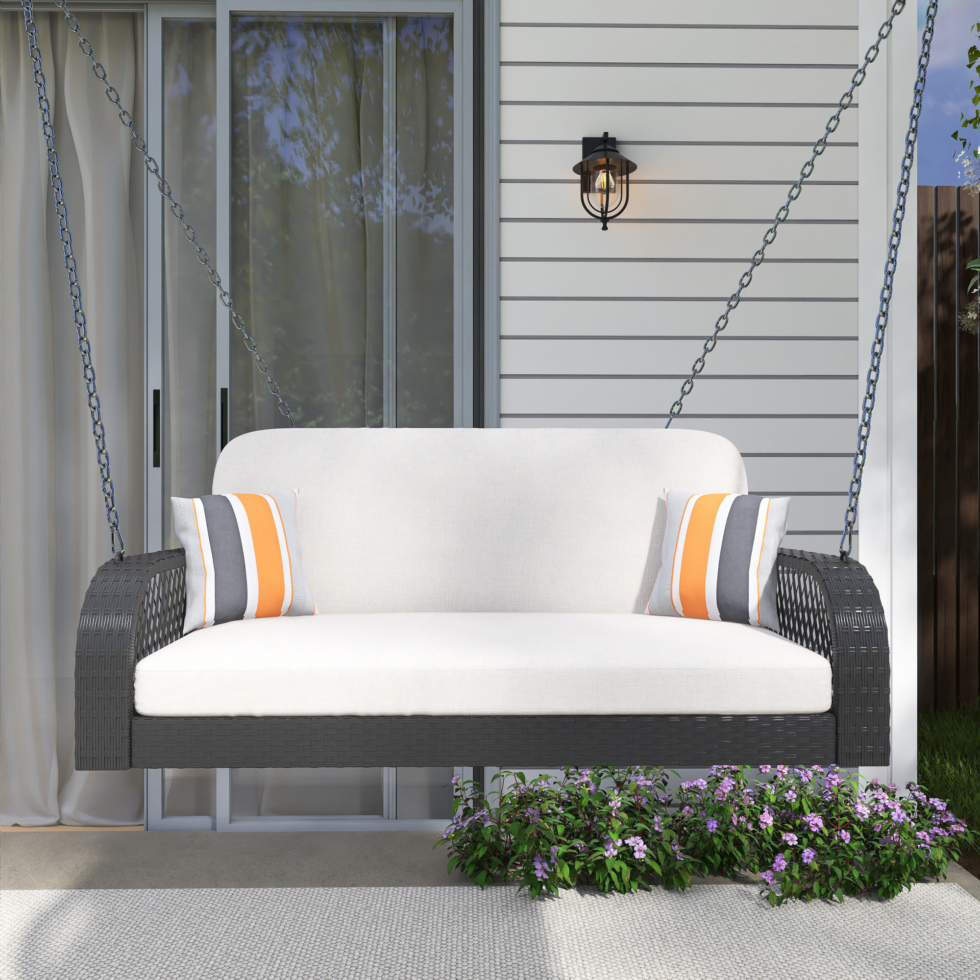 Lark Manor™ 2-Person Wicker Hanging Porch Swing With Chains,Cushions | Wayfair