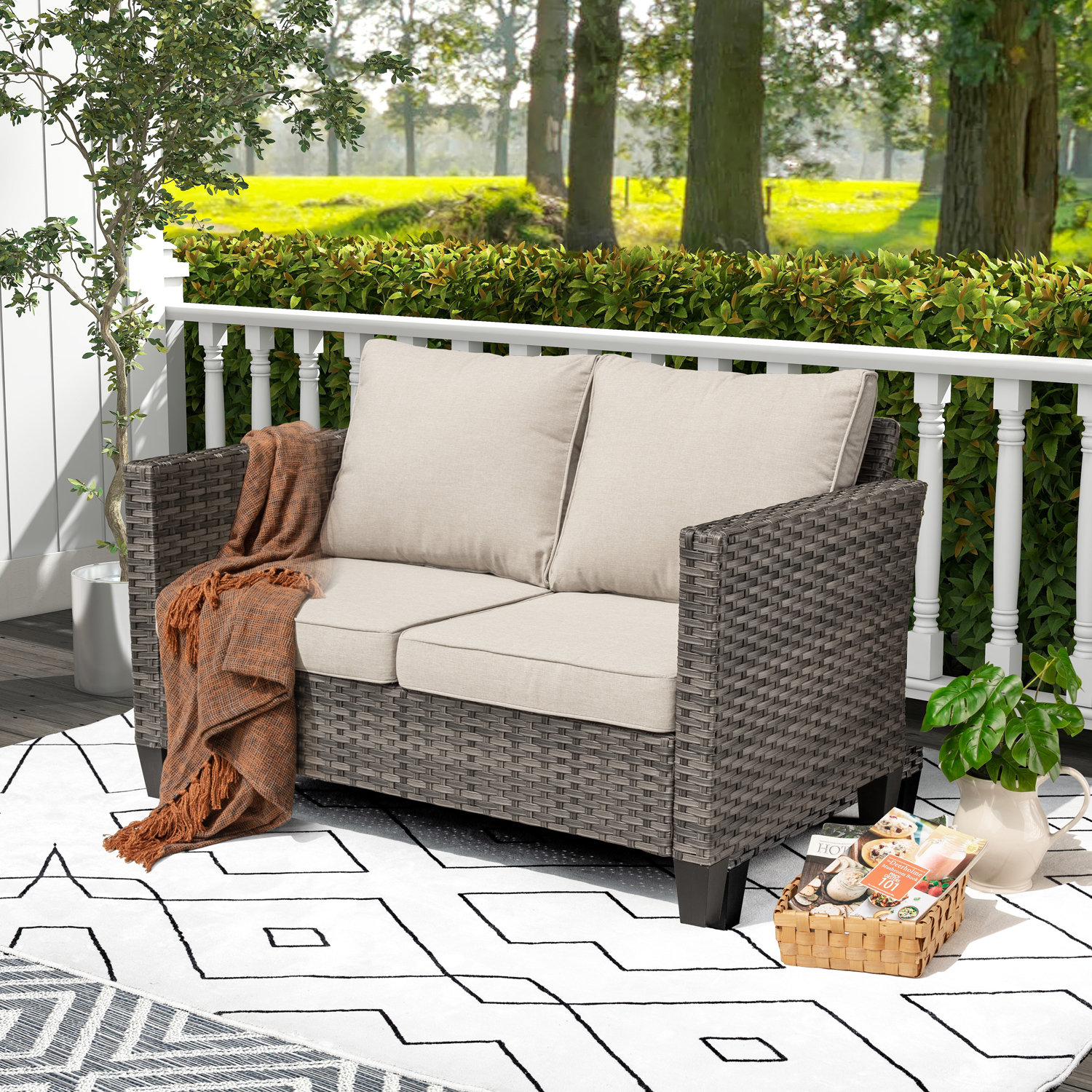 Ebern Designs Lovall Wicker/Rattan Outdoor Loveseat With Cushions ...