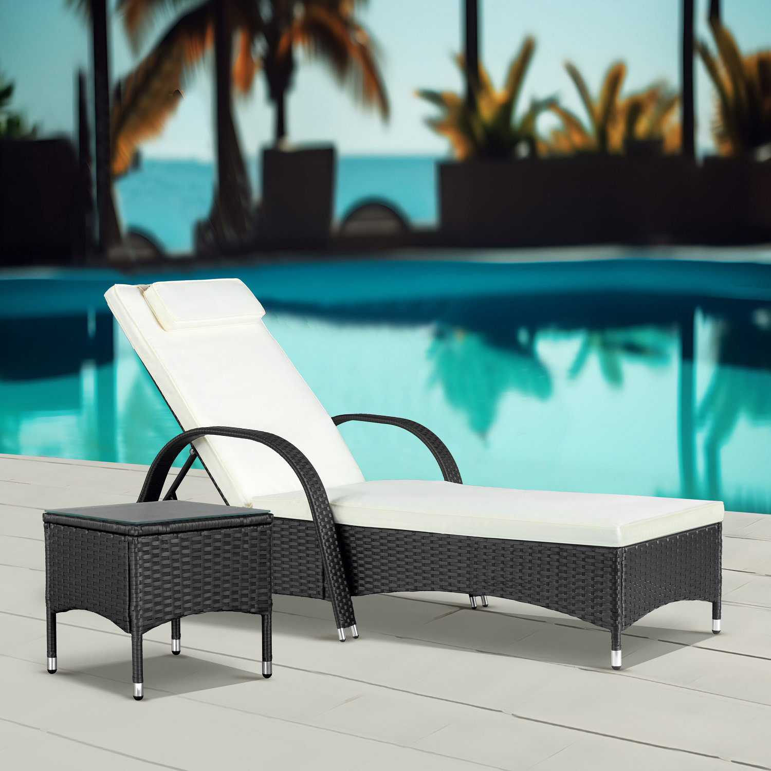 Ebern Designs Northwoods Outdoor Wicker Chaise Lounge with Table Set ...