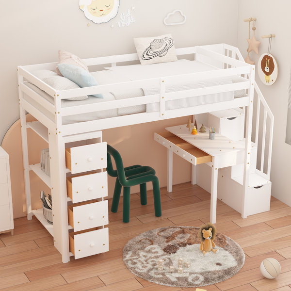Harriet Bee Hayzlee Kids Twin Loft Bed with Storage Drawers ,Desk and ...