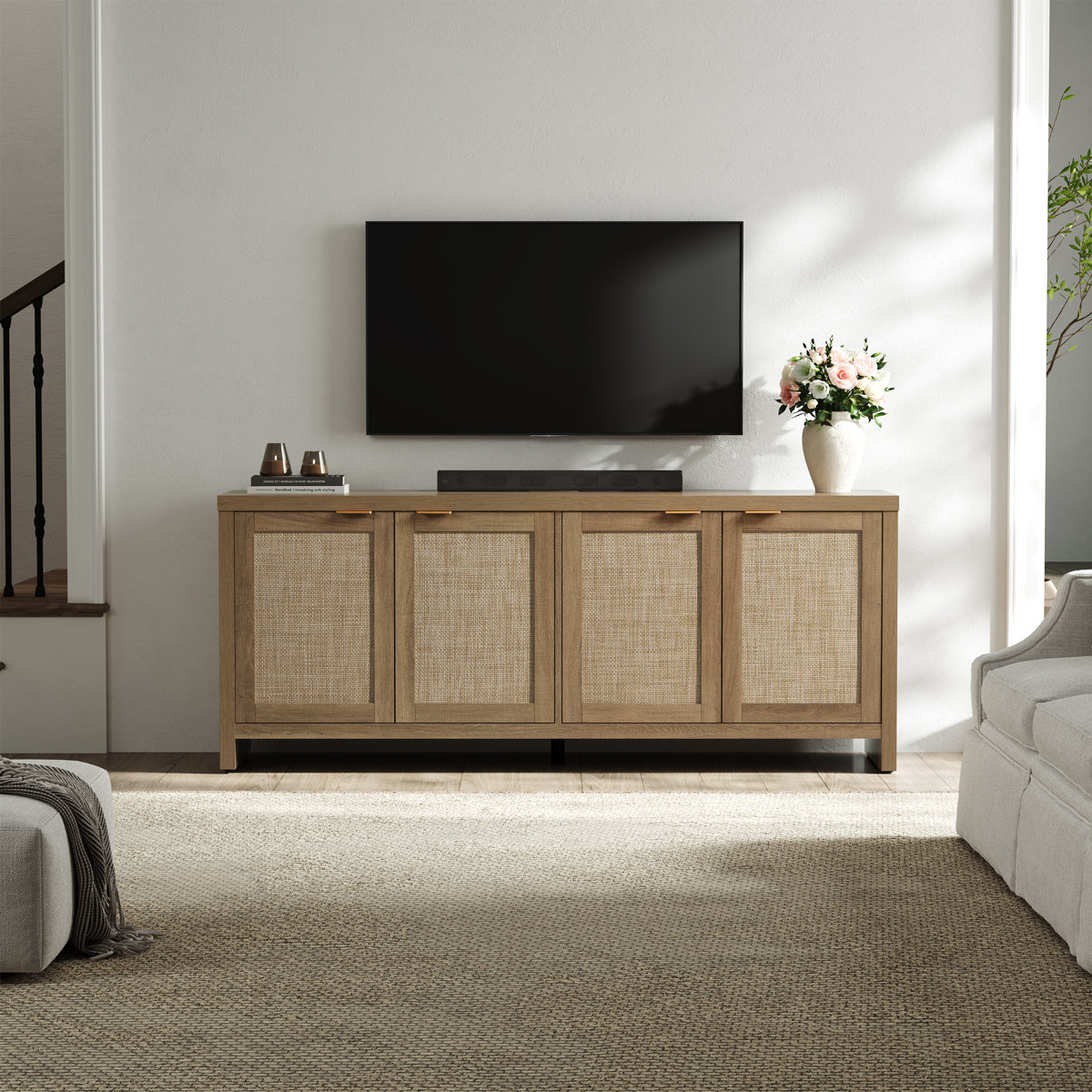 Bay Isle Home™ Boho TV Stand With 4 Rattan Storage Cabinets, Farmhouse ...