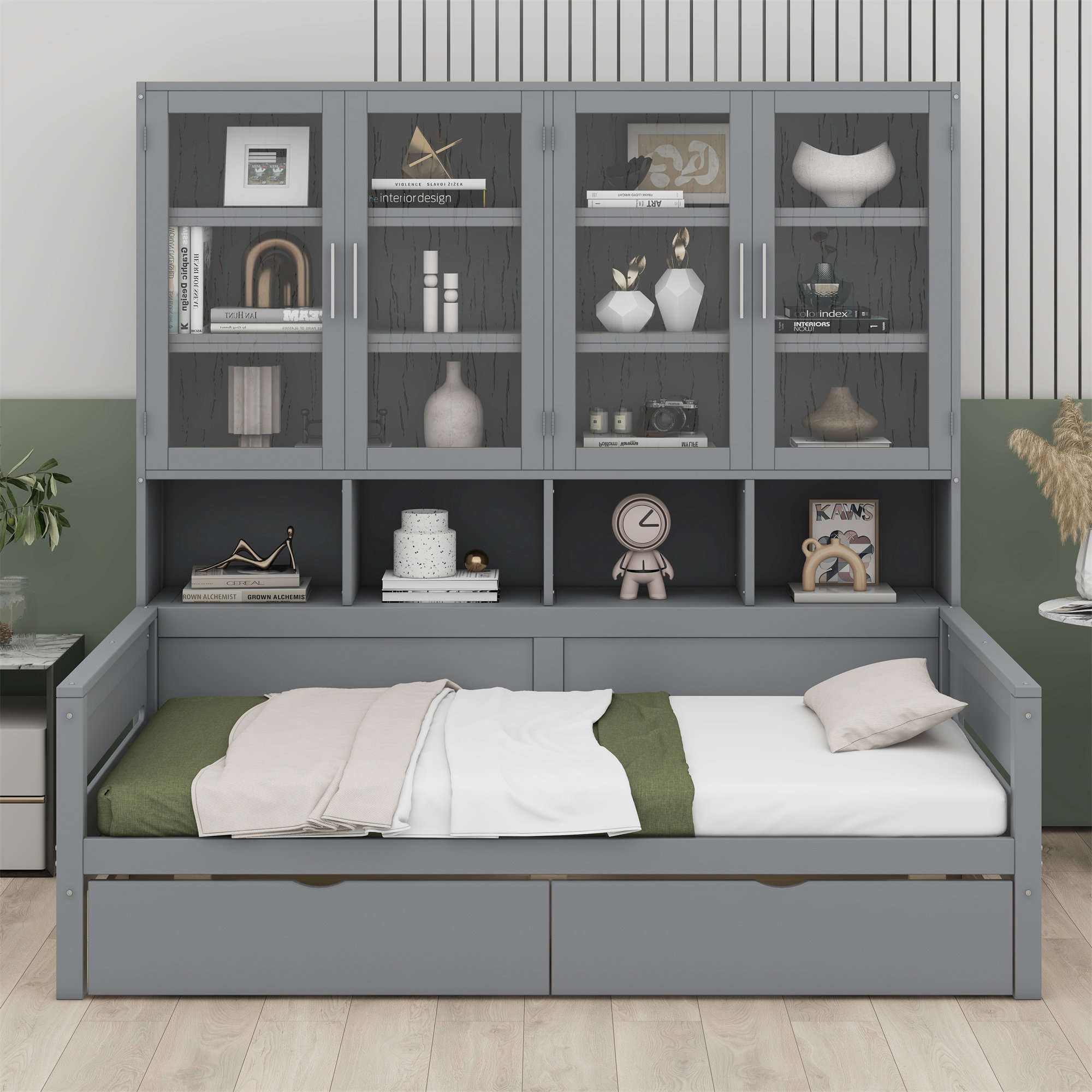 Latitude Run® Wooden Daybed With Glass-Door Storage Cabinets, Built-In ...