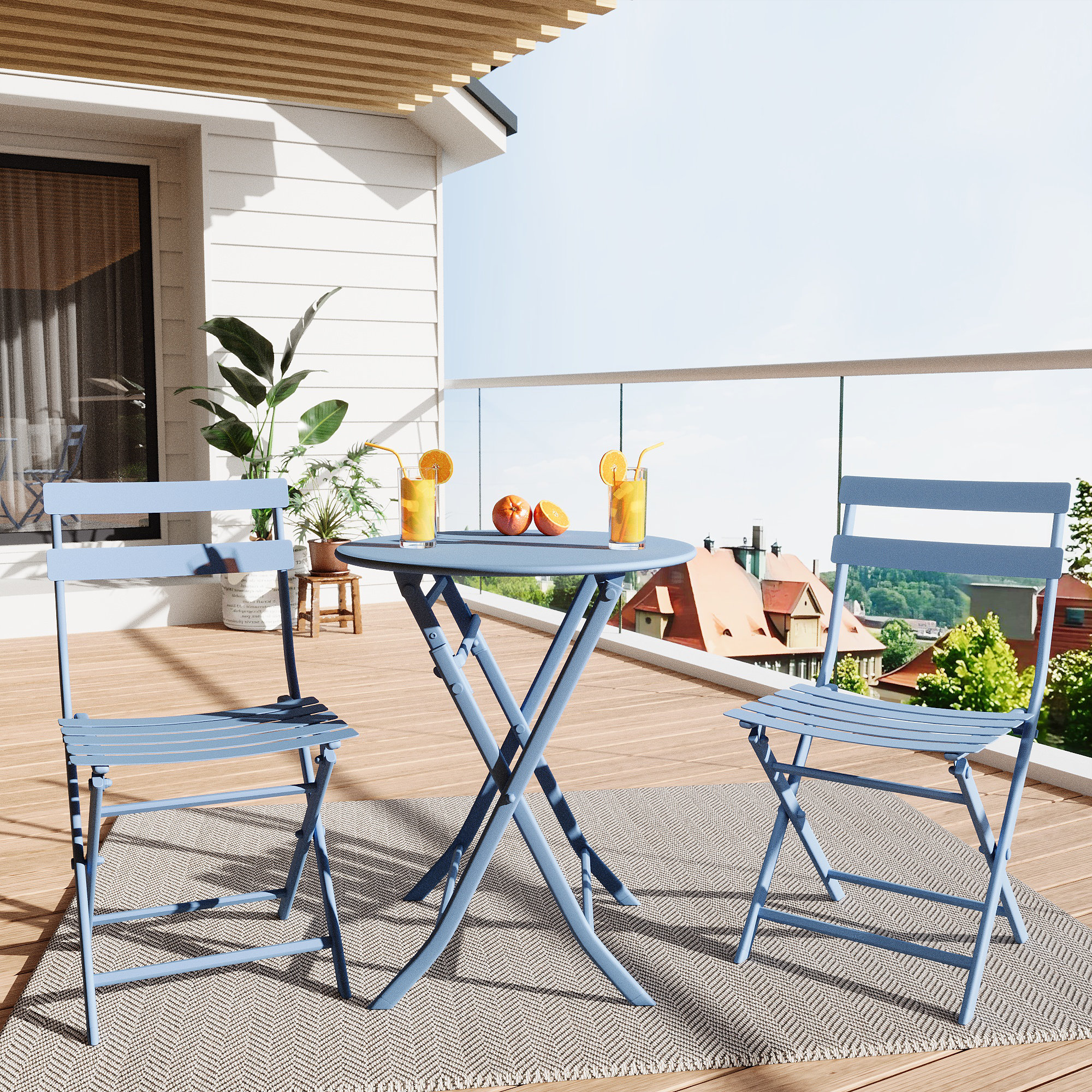 Ebern Designs Foldable Patio Bistro Set, Outdoor Metal Table & Chairs ...