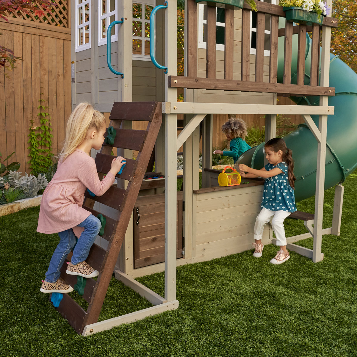 KidKraft Cozy Escape Wooden Outdoor Two-Story Playhouse with Slide ...