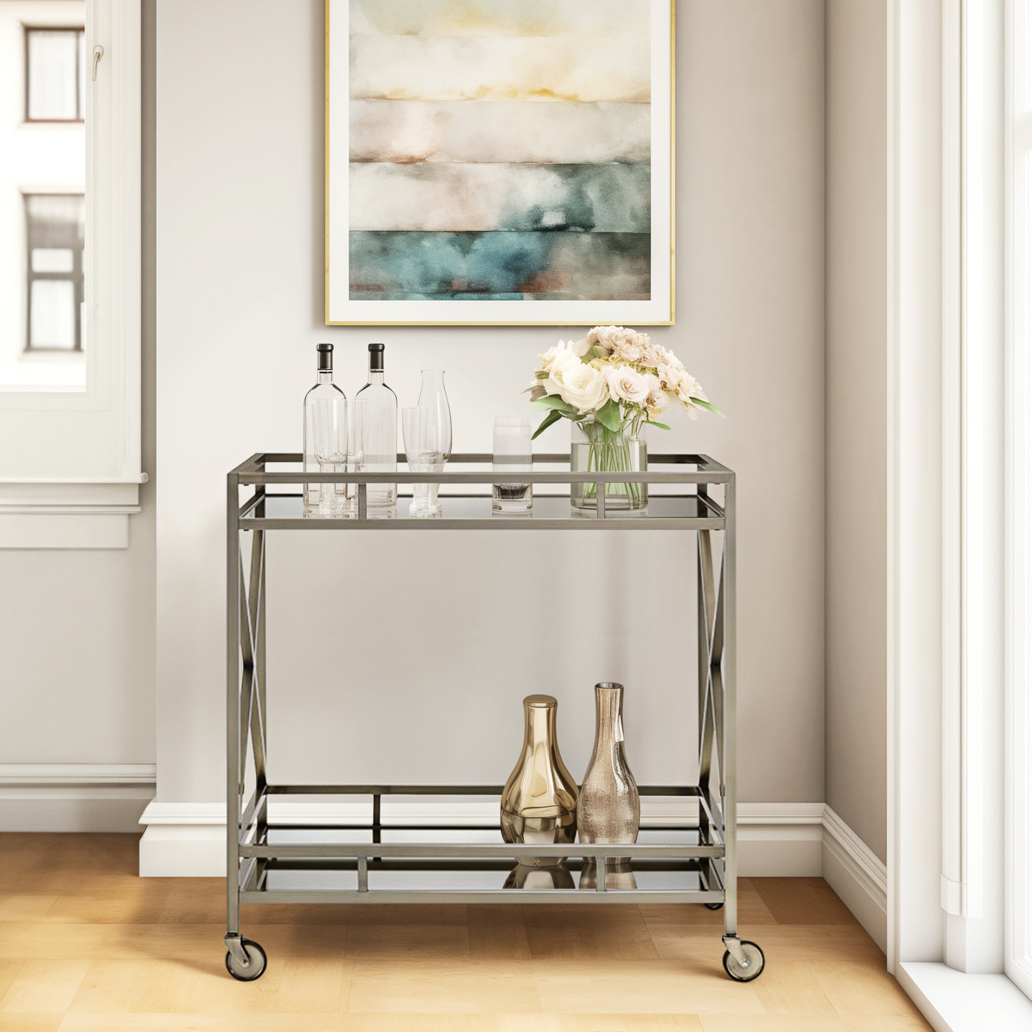 Wade Logan® Vaught Rectangular Bar Cart in Antique Gold and Mirrored ...