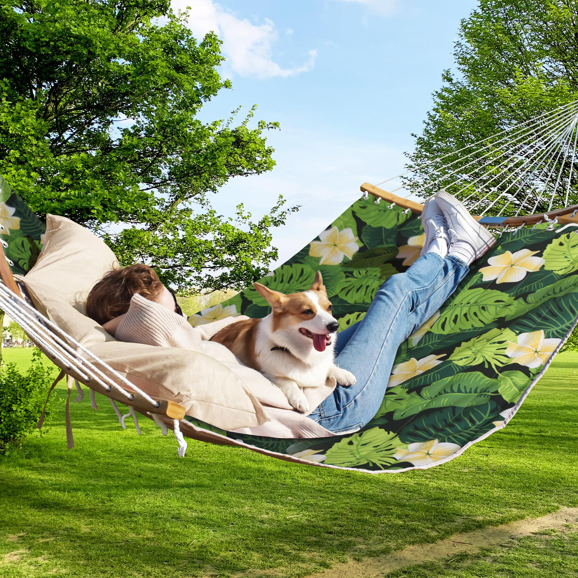 Arlmont & Co. Double Hammock, 11 FT Quilted Fabric 2 Person Hammock For ...