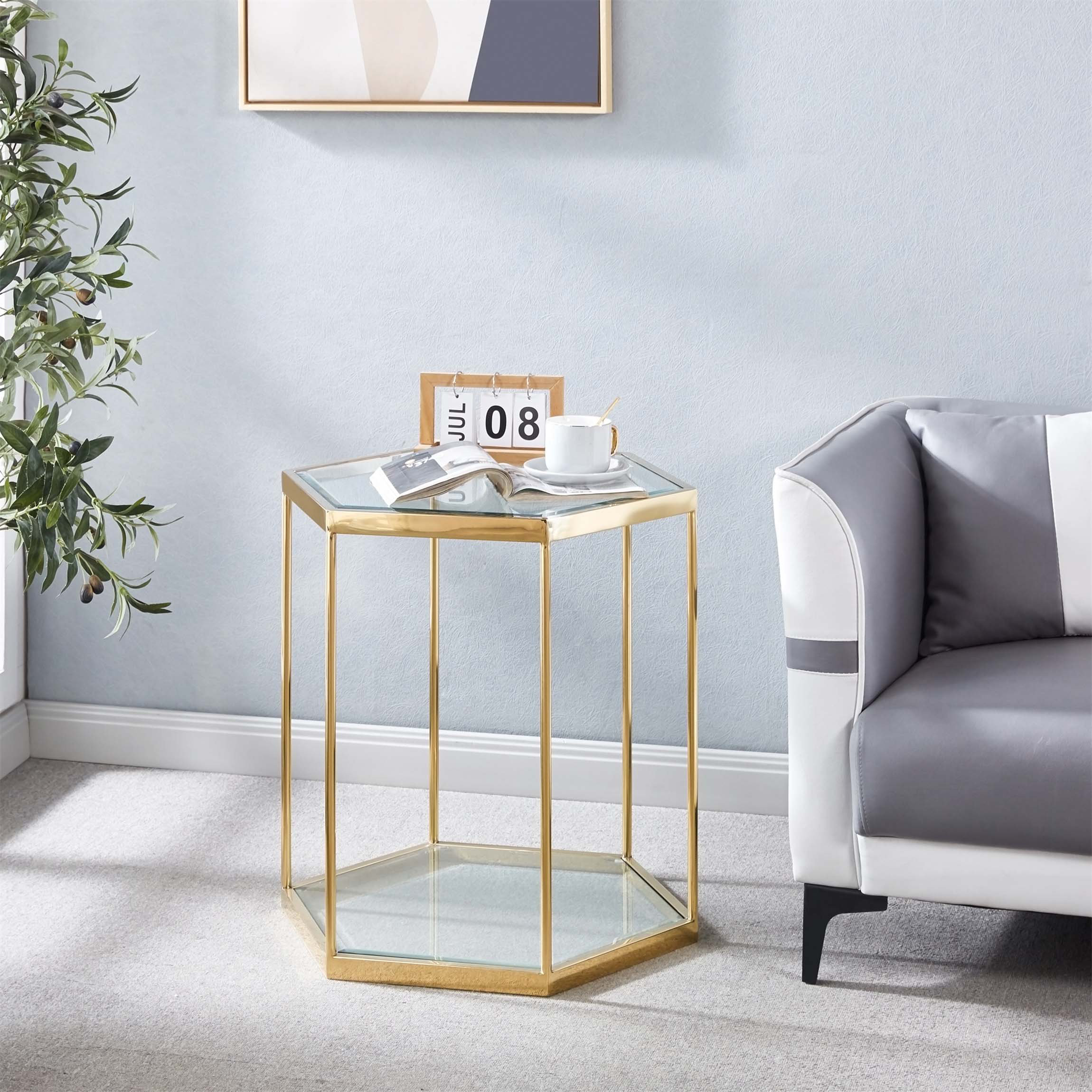 Everly Quinn Modern Glass End Table with Gold Finish Stainless Steel ...