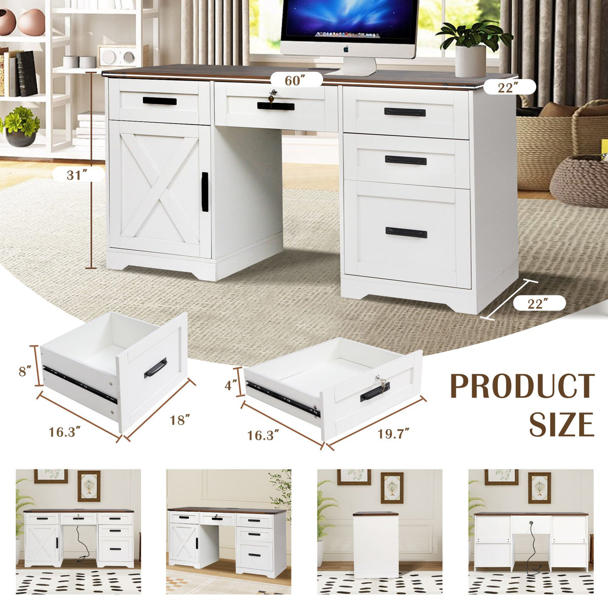 Gracie Oaks 60" Farmhouse Executive Desk with Drawers, Wood Home Office ...