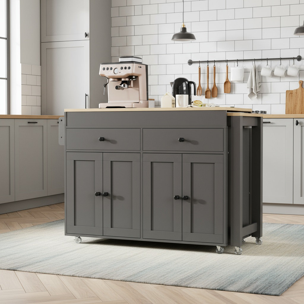 Latitude Run® Expandable Kitchen Island With Drop Leaf Table, 7-Wheel ...