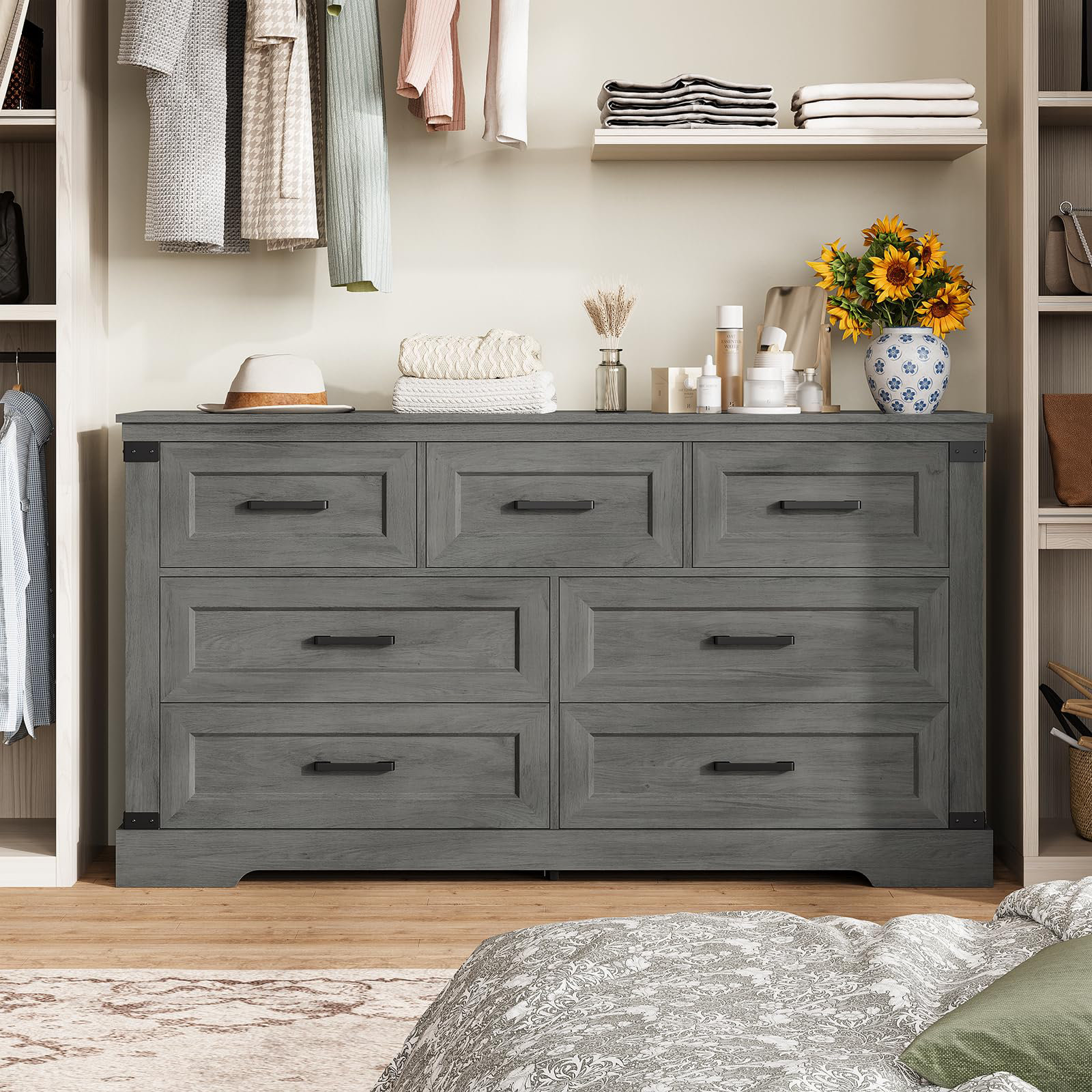 Lark Manor Commode de chambre à coucher, commode longue à 7 tiroirs ...