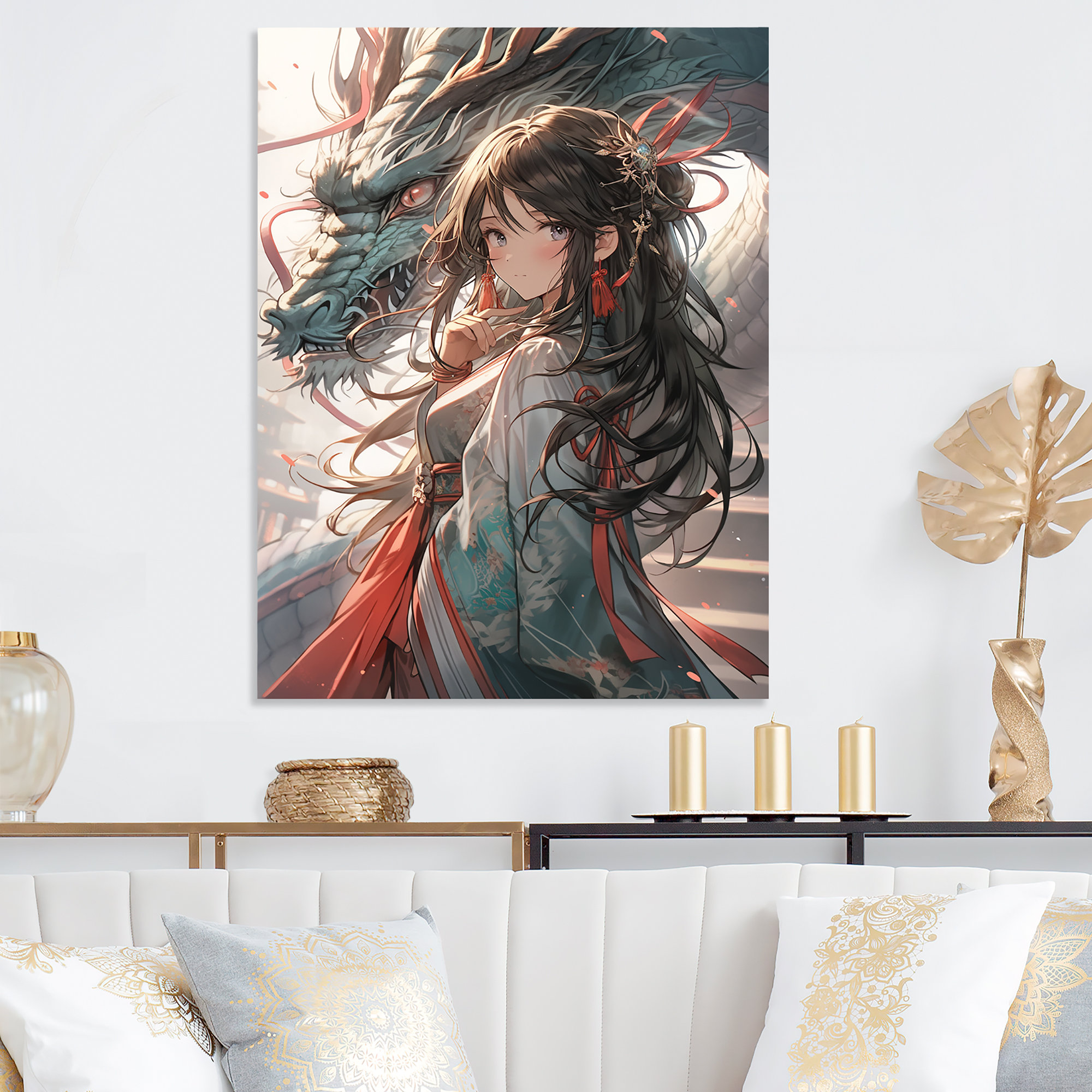 Design Art Red Manga Dragon Dreams II - Asian Metal Wall Art Print ...