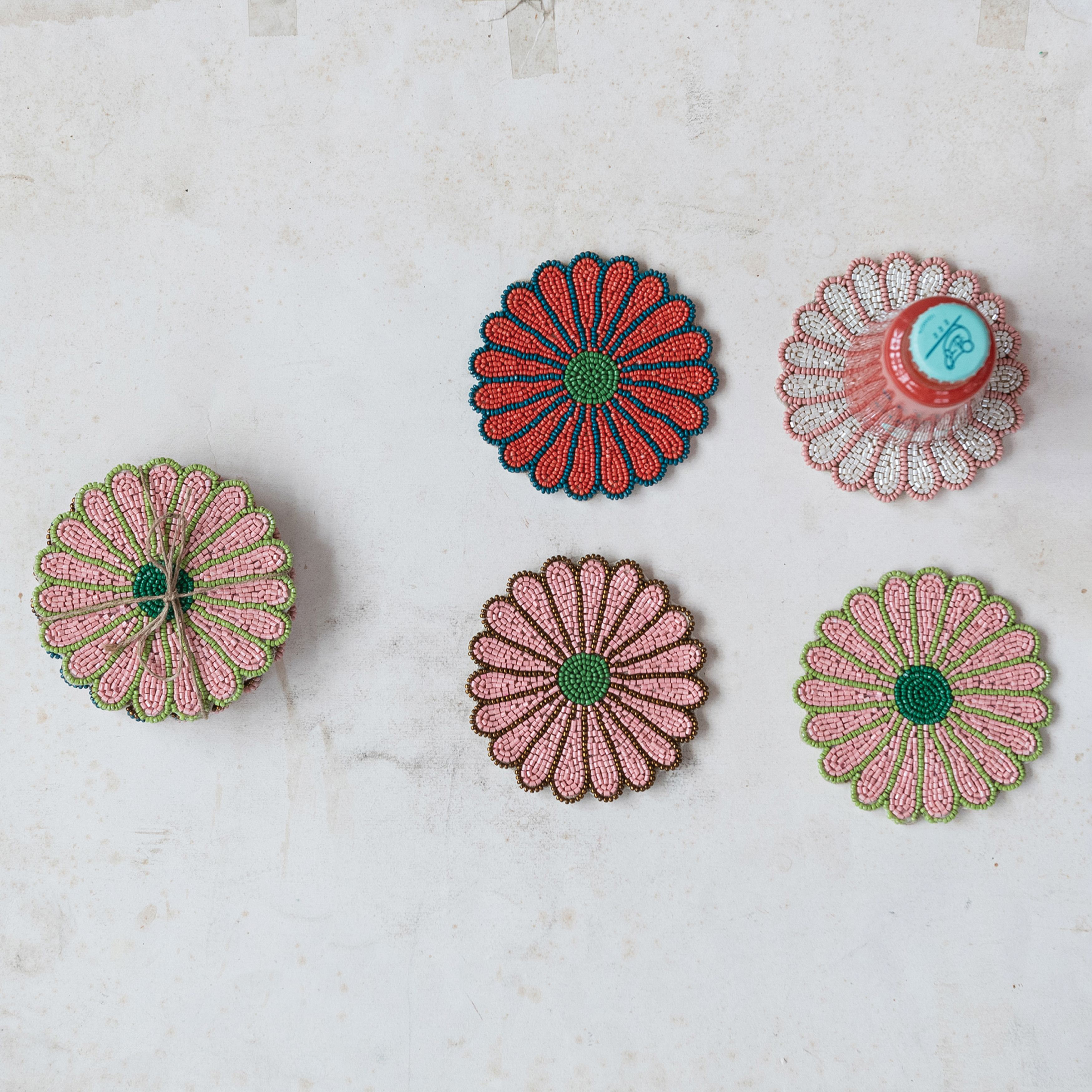 Ophelia & Co. 4-Piece Beaded Glass Flower Shaped Coasters With Jute Tie ...