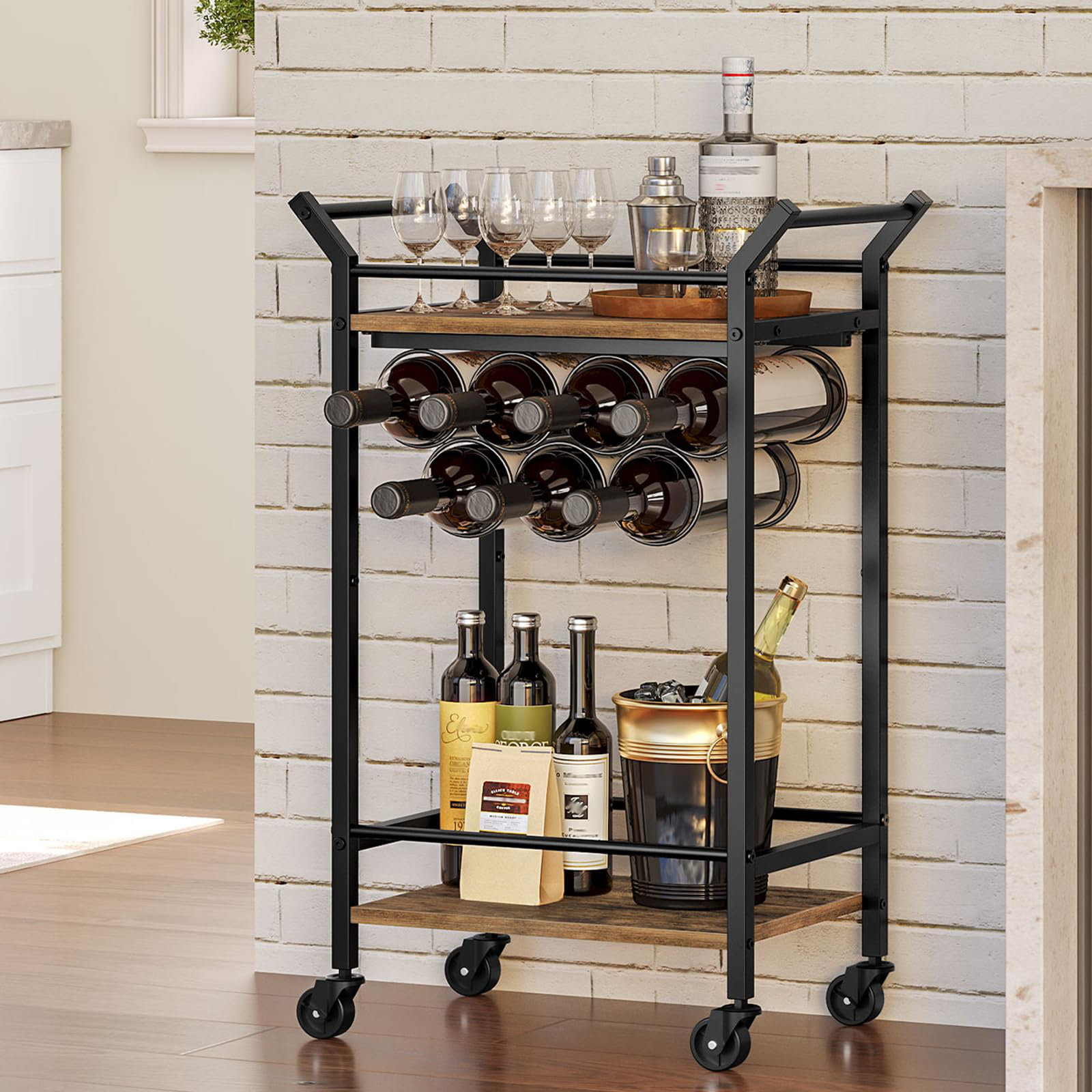 17 Stories Home Bar Serving Cart, Small Bar Cart With Wine Rack, Rustic ...