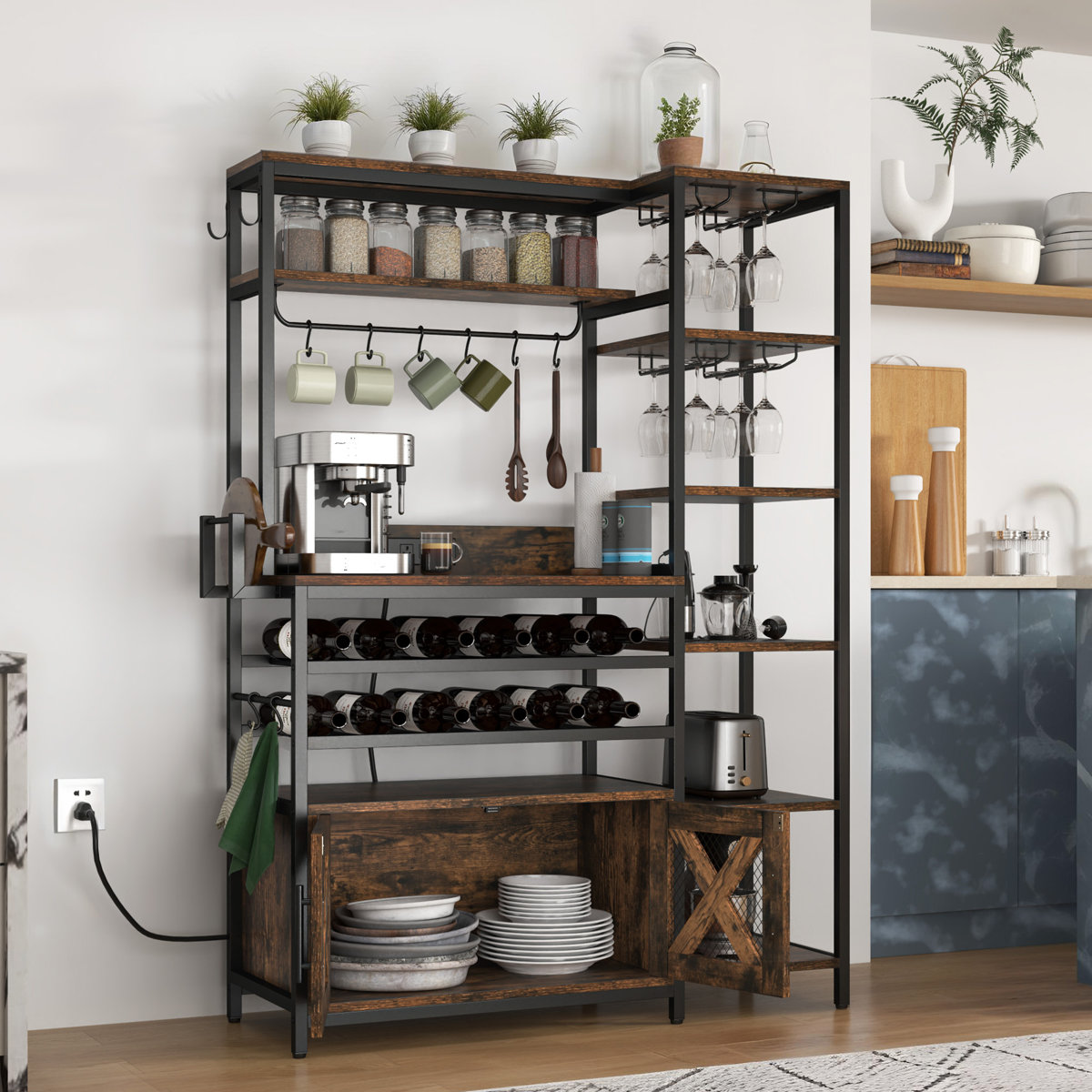 17 Stories Rustic 6-Tier Industrial Wine Rack & Coffee Bar with Power ...