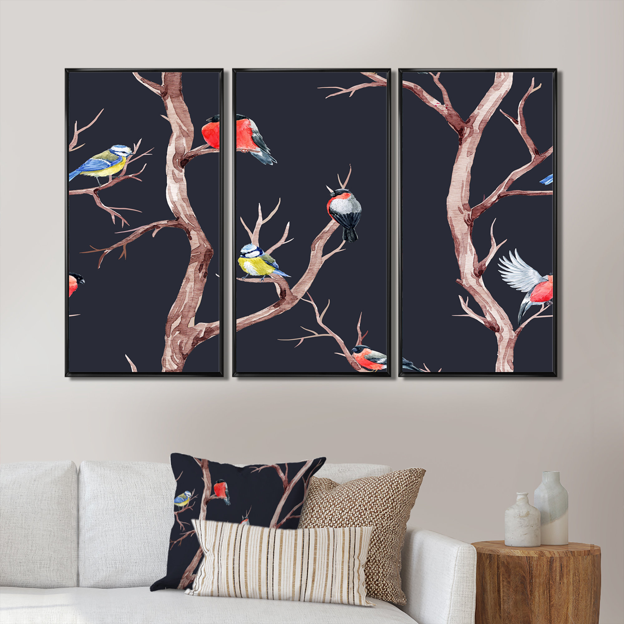 Rosdorf Park Fall Trees With Red Birds On Black - Traditional Framed ...