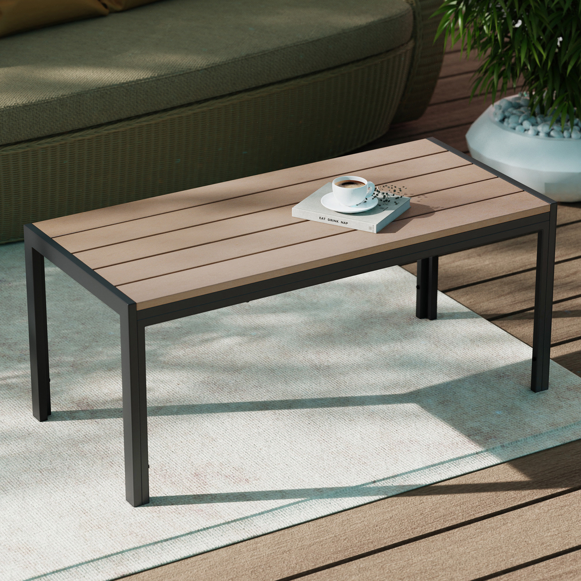 Ebern Designs Rectangle Patio Coffee Table, Outdoor Table with UV ...