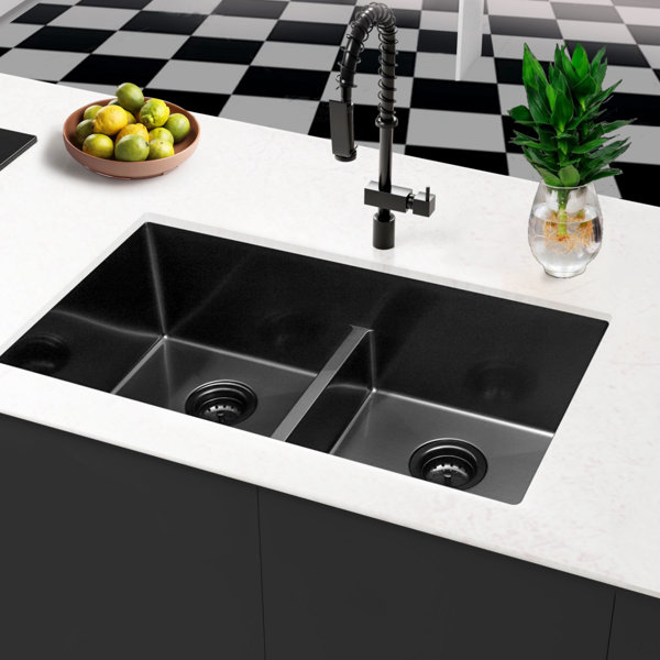 LQS 32" L X 18" W Low Divider Double Bowl Undermount Kitchen Sink 16 ...