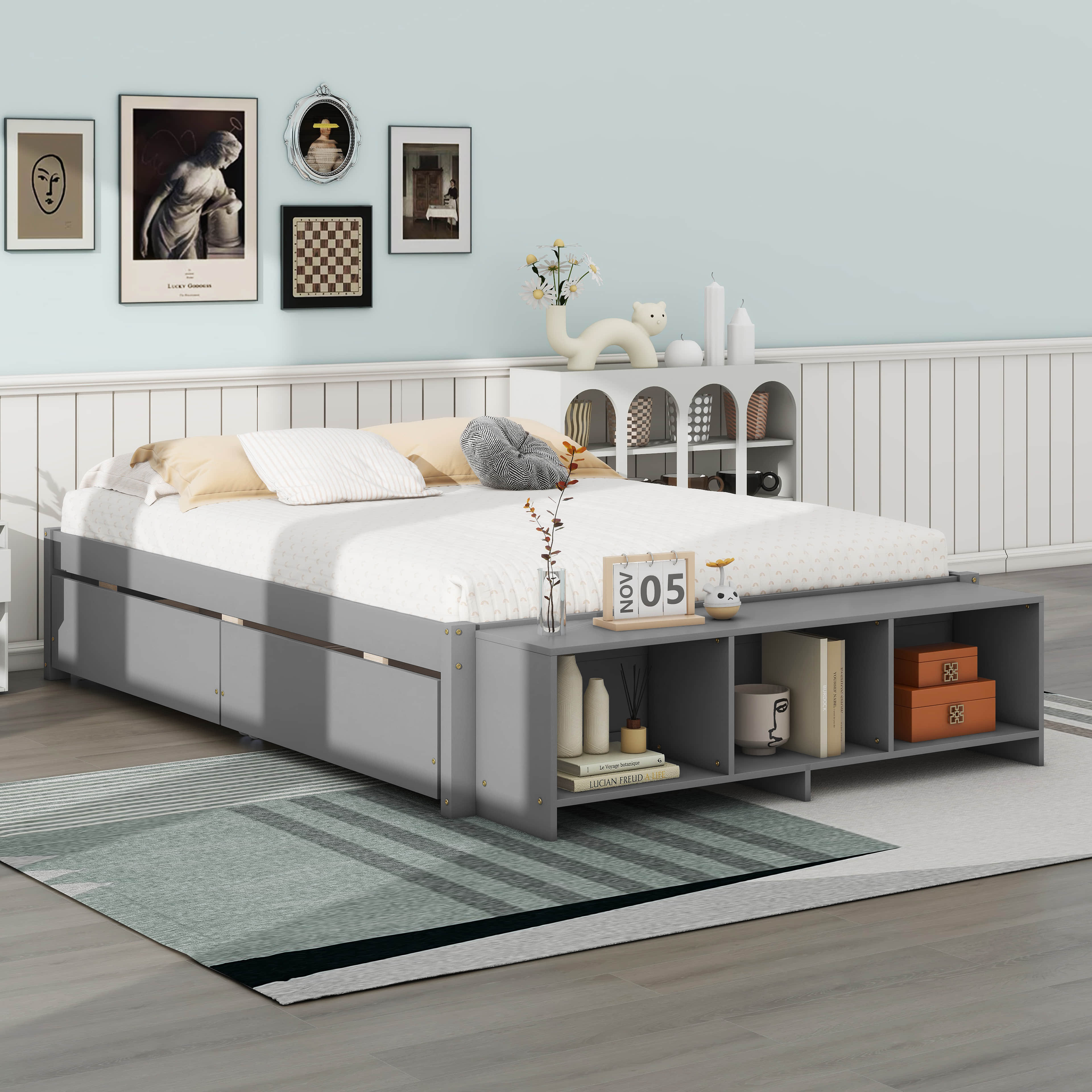 Ebern Designs Full Size Bed Frame With Storage Drawers And Storage Case ...