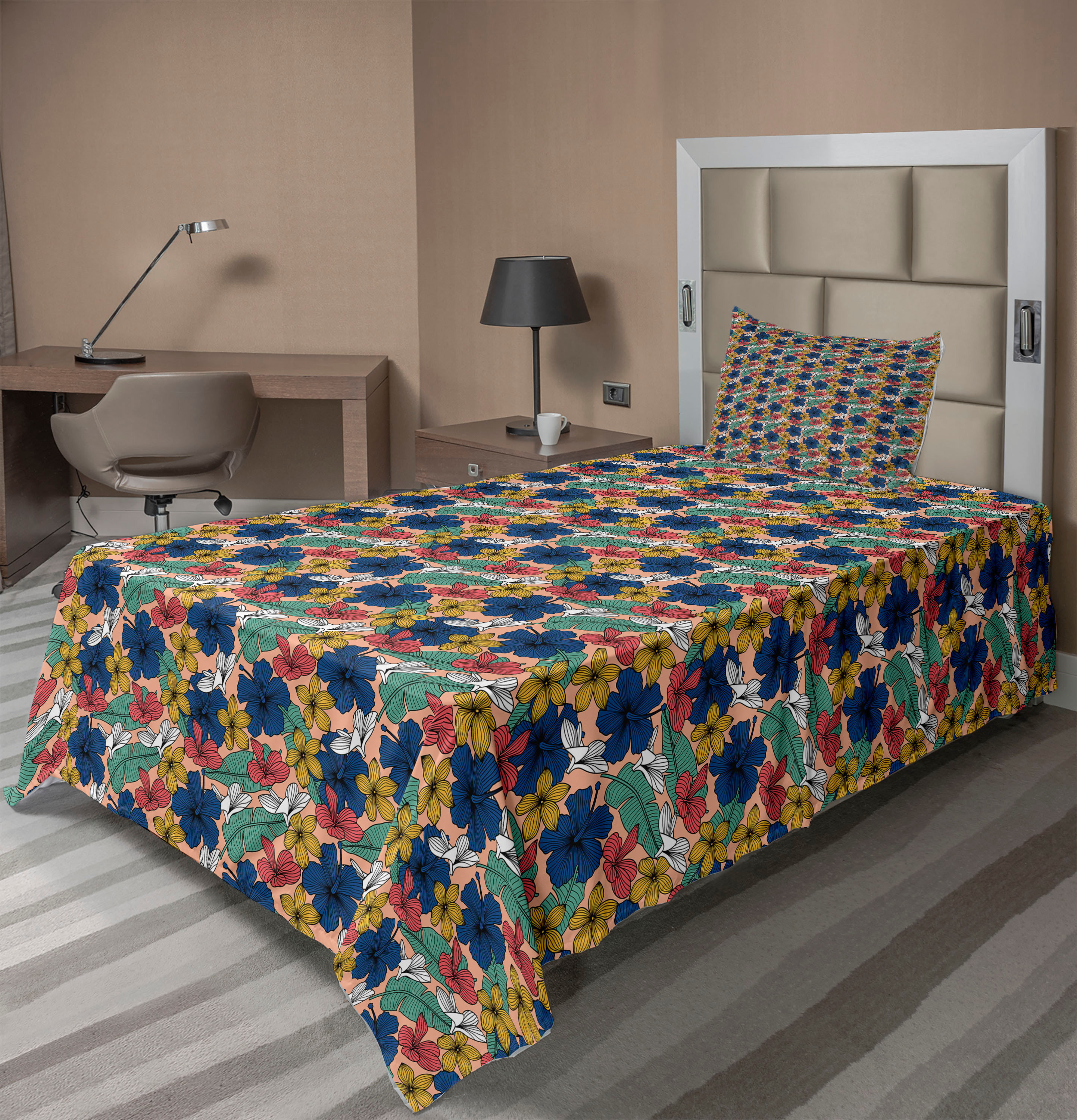 Ambesonne Tropical Sheet Set Striped Flower Leaf Art Earth Yellow and ...