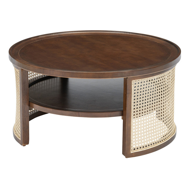Dakota Fields Modern Round Coffee Table - Walnut & Bohemian Weave with ...