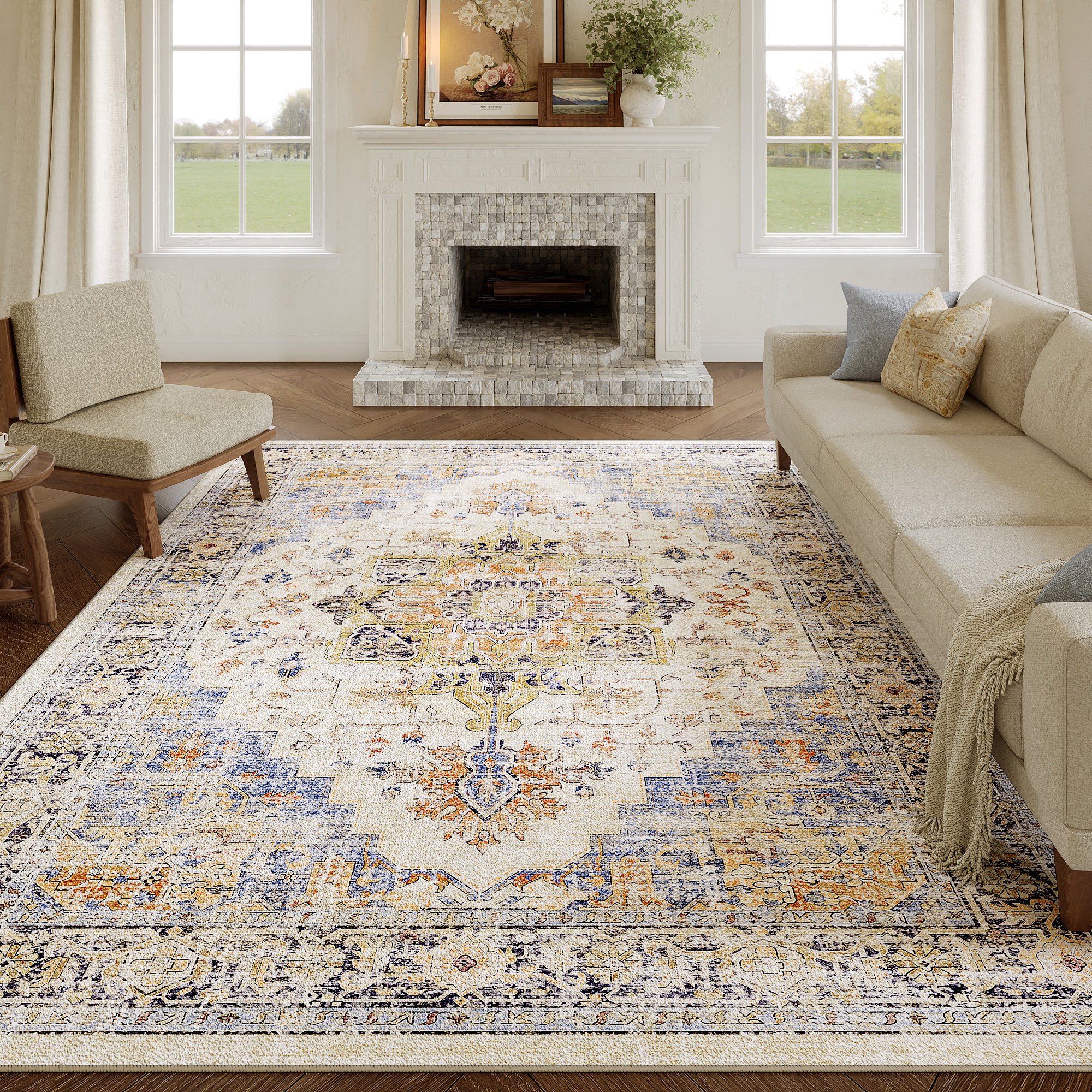 Bungalow Rose Elaine Washable Vintage Fashion Rug for Living Room with ...